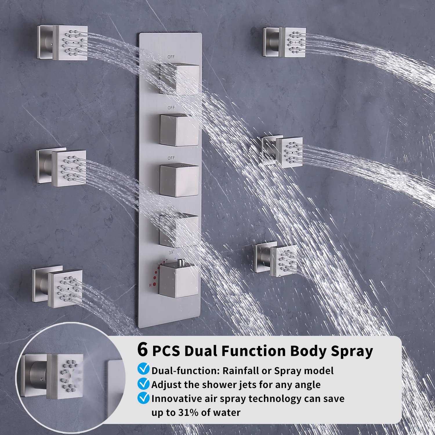 WHSHOWER Thermostatic Rain Shower System with Body Spray Massage 16 ...