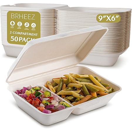 Amazon.com: Compostable 2-Compartment Rectangular Hinged Clamshell Take ...