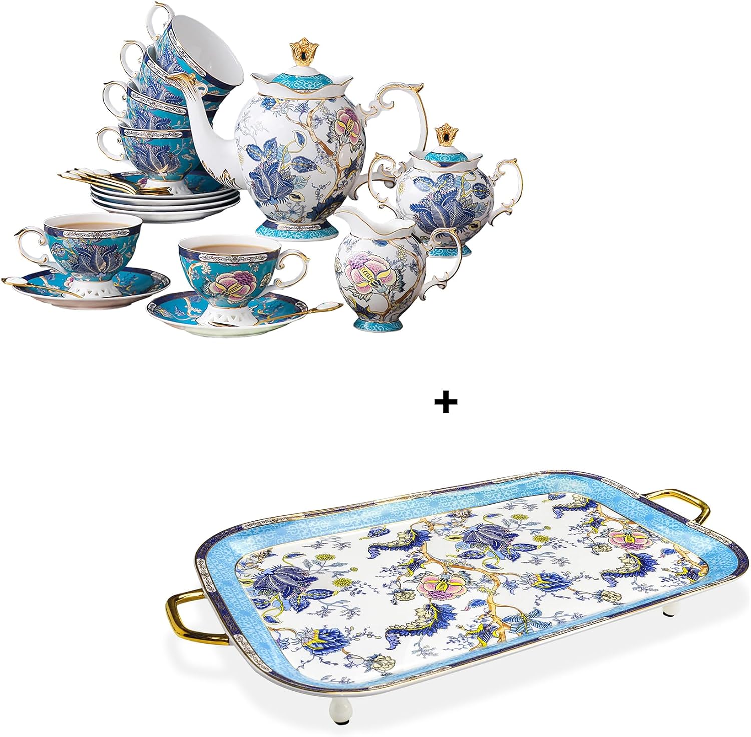 Amazon.com | ACMLIFE Bone China Tea Sets with Tray for 6 Adults, 21 ...