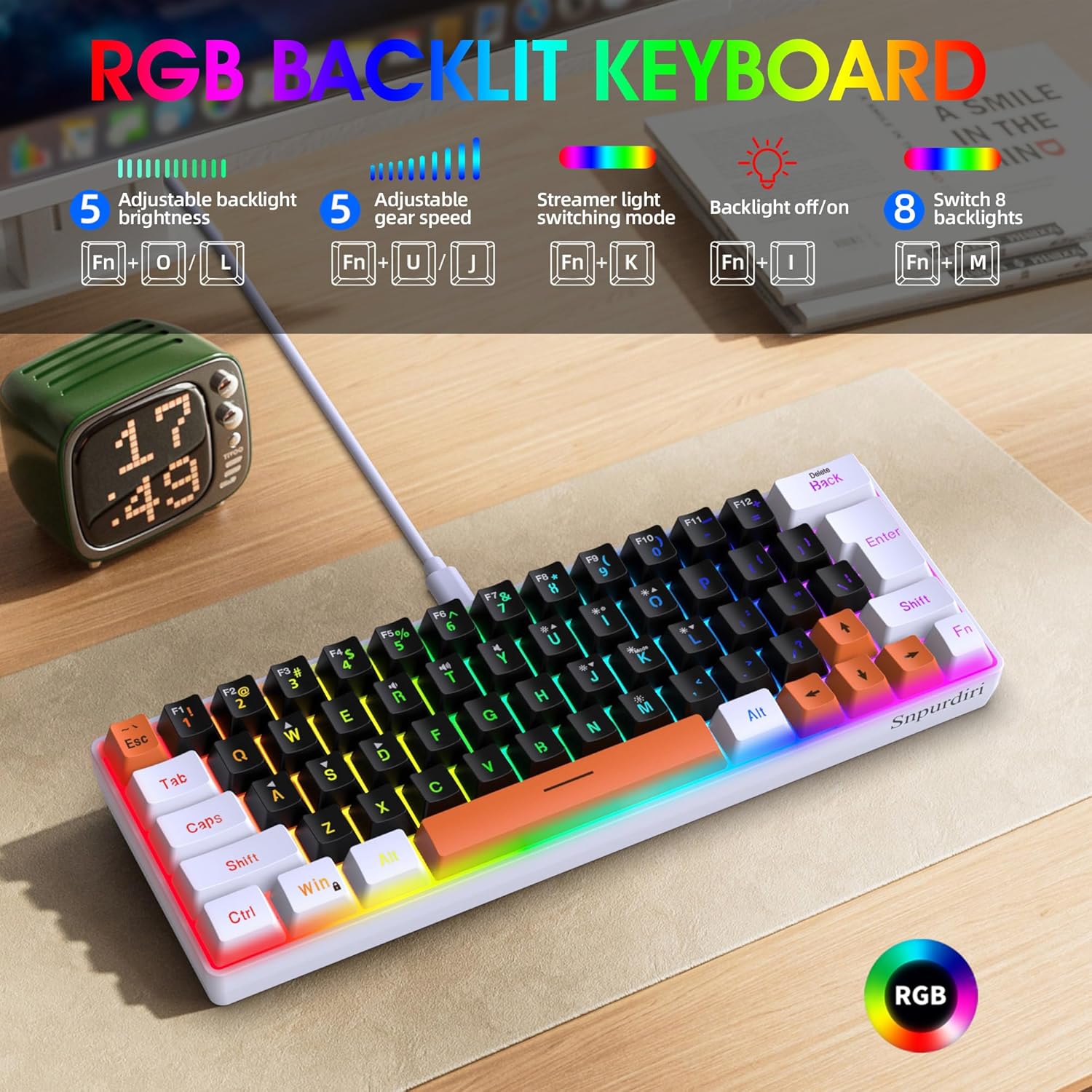 Snpurdiri 60 Percent Wired Gaming Keyboard (63 Keys RGB Backlit ...