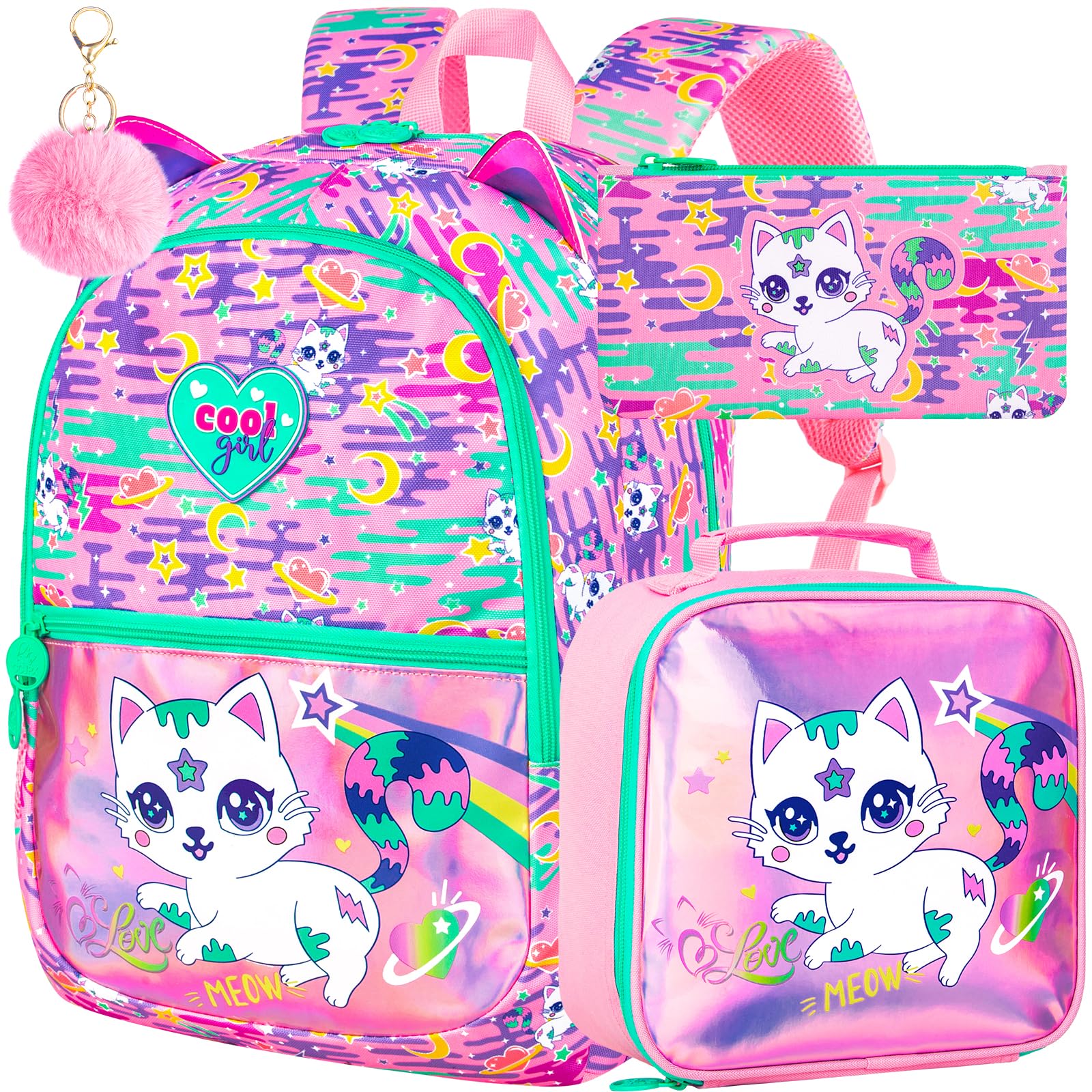 Amazon.com | FTJCF 3Pcs Cat Backpack for Girls, 16.5" Kids Bookbag with ...