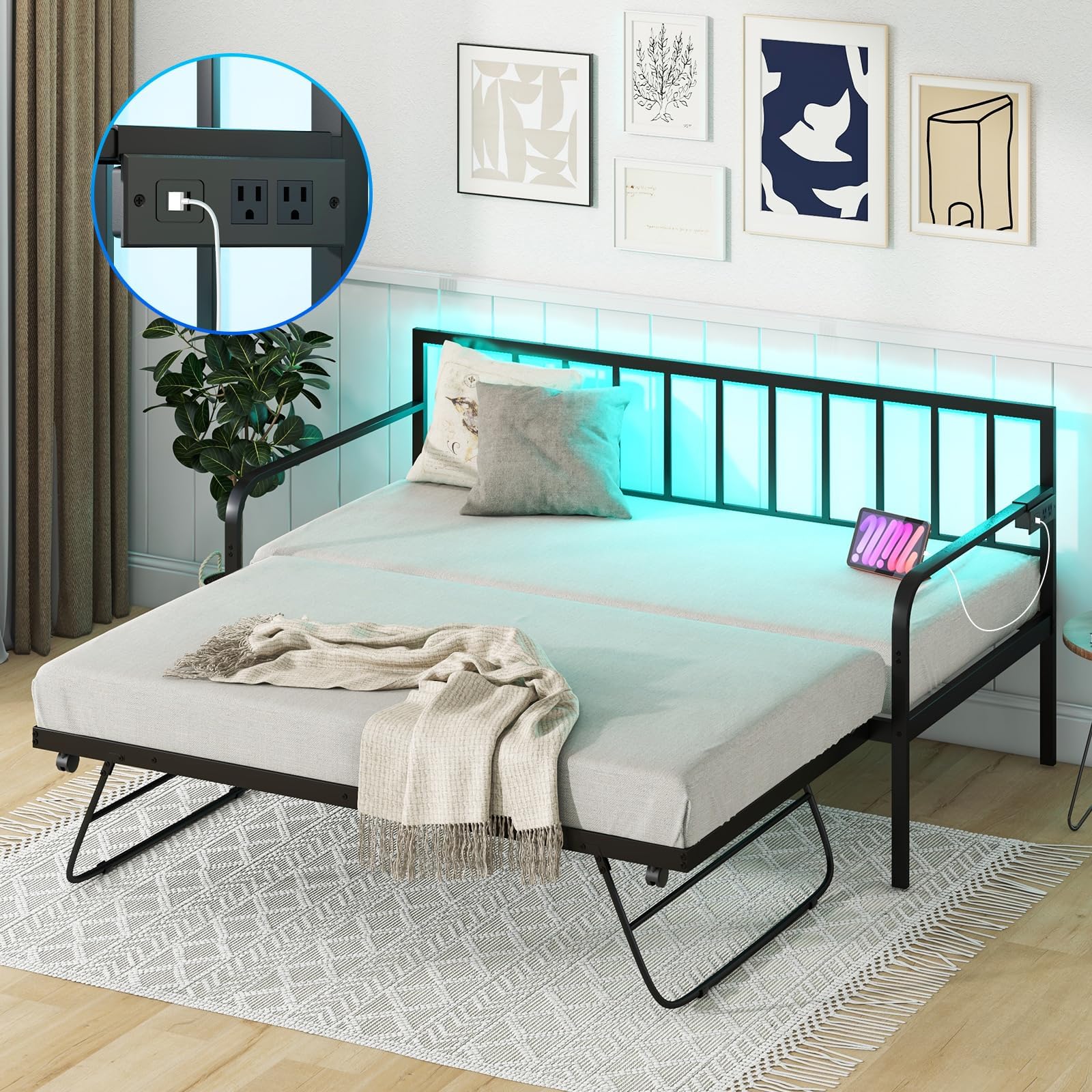 Amazon.com: KOMFOTT Twin Metal Daybed with Pop Up Trundle, Twin Sofa ...