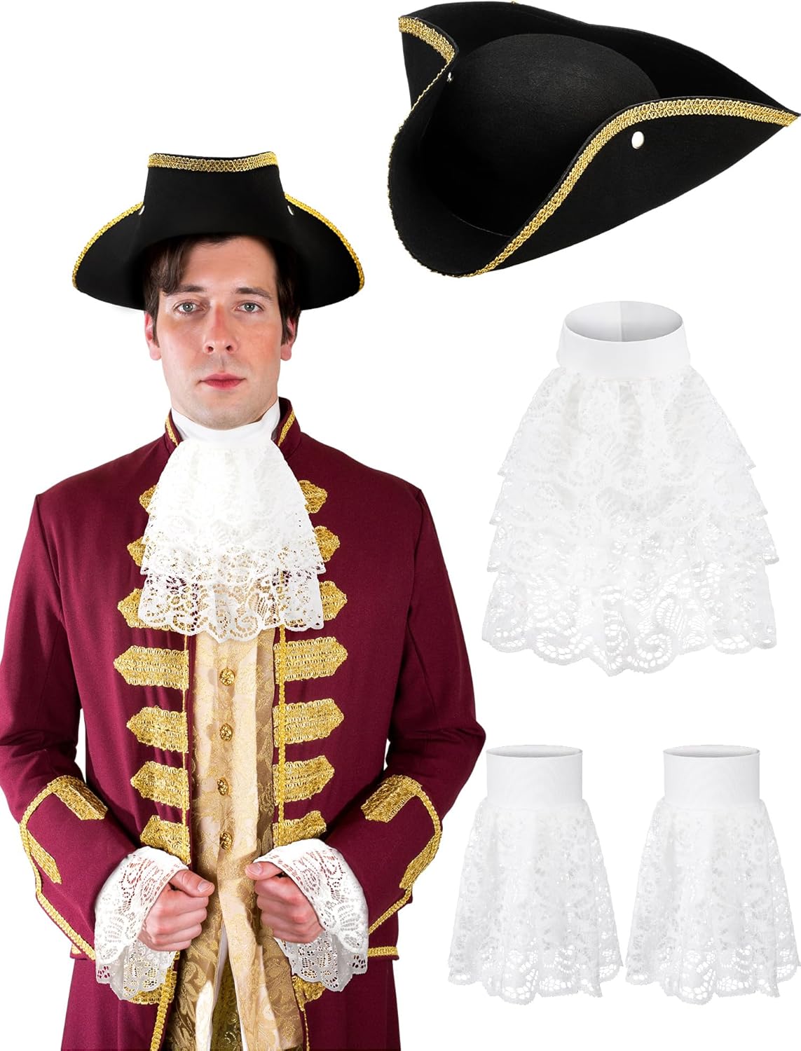 Amazon.com: Berlune Colonial Tricorn Hat with Colonial Jabot and Cuffs ...