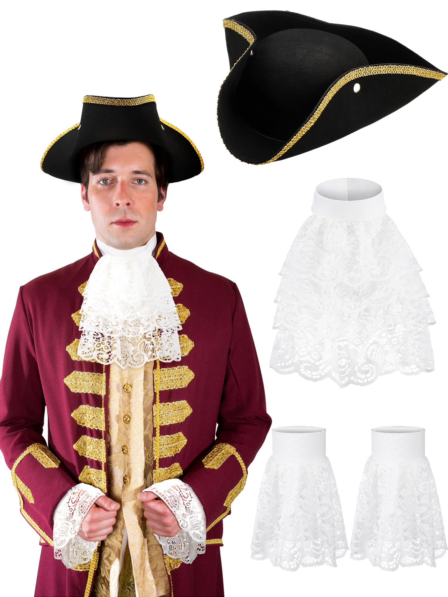 Amazon.com: Berlune Colonial Tricorn Hat with Colonial Jabot and Cuffs ...