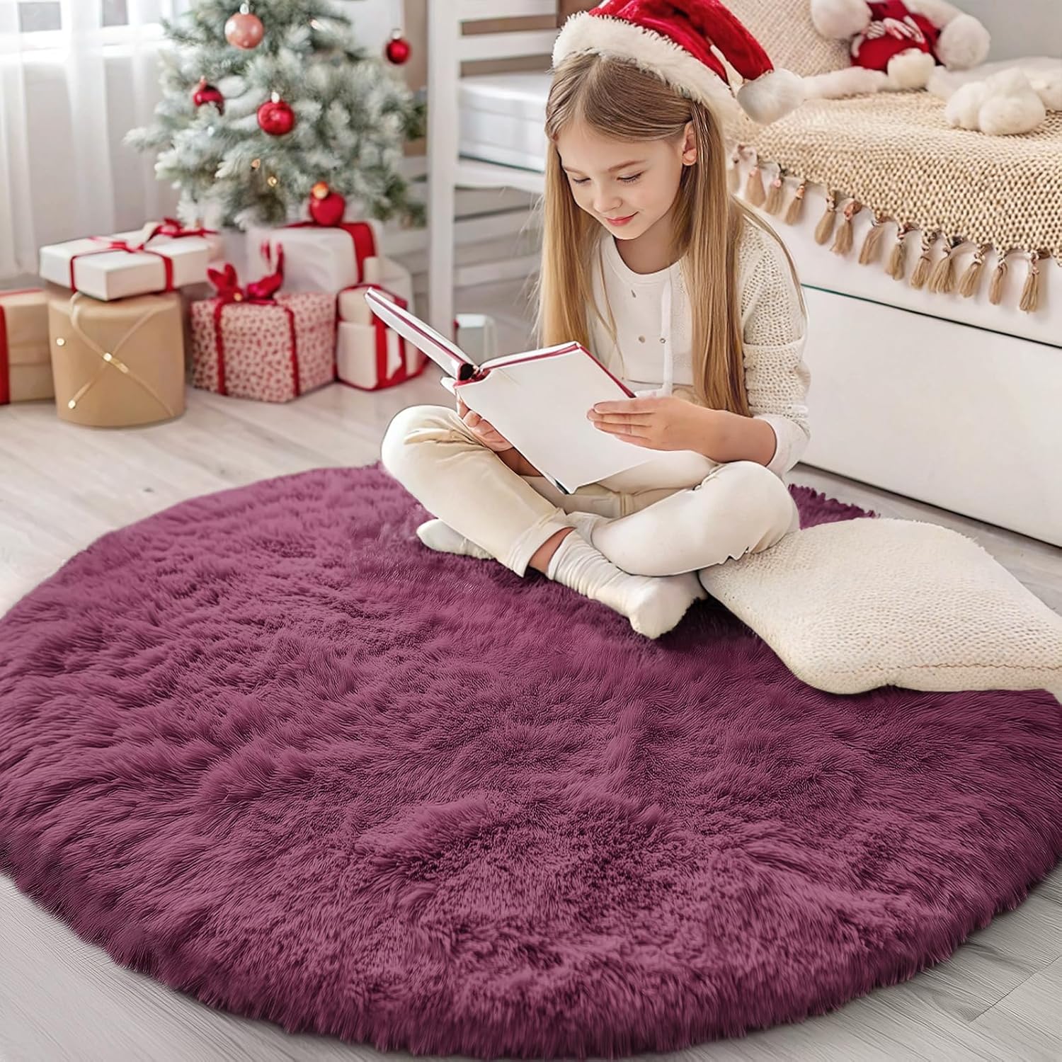 Amazon.com: OLANLY Burgundy Round Rugs for Bedroom - Machine Washable ...