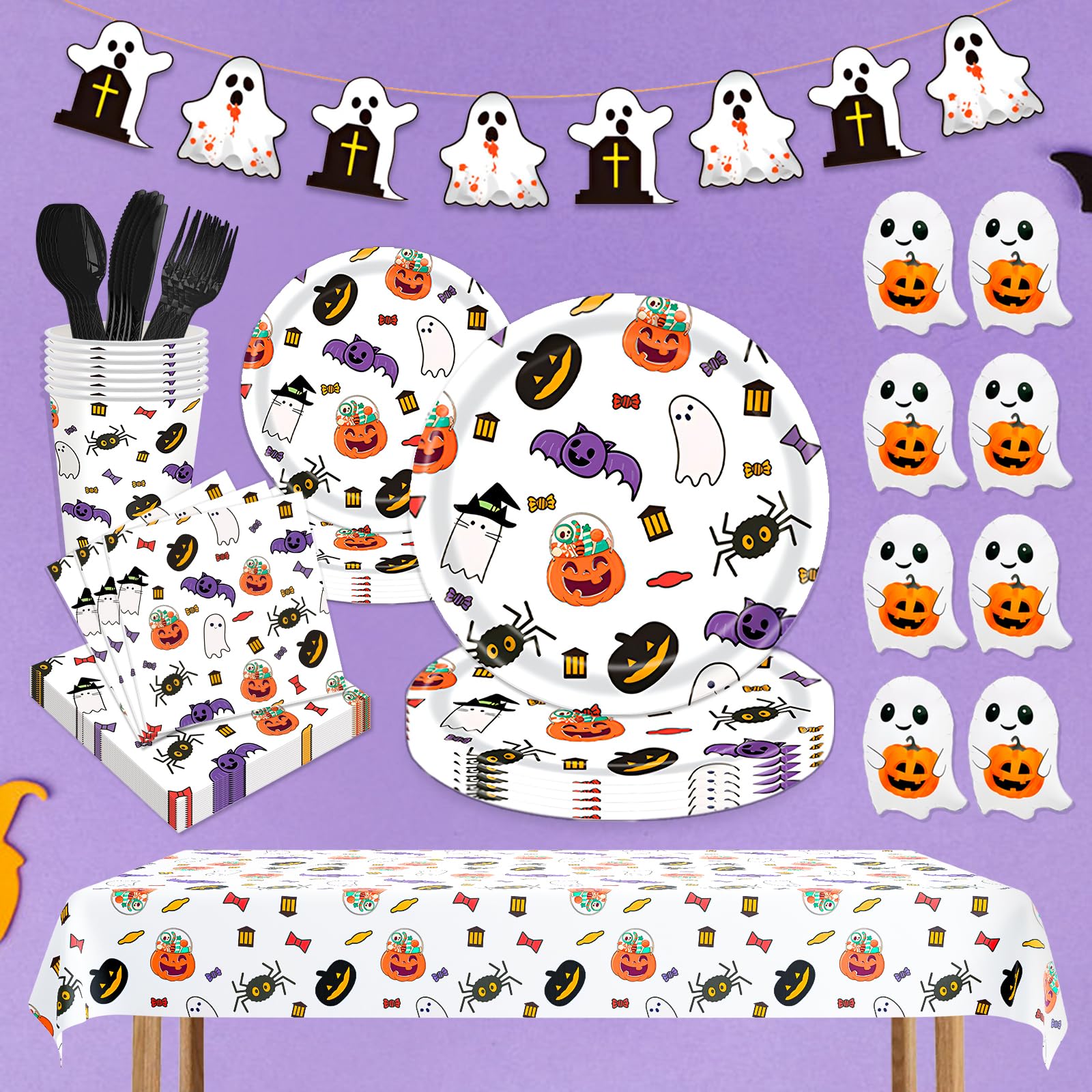Amazon.com: 122 PCS Halloween Party Supplies Tableware Set - Table ...