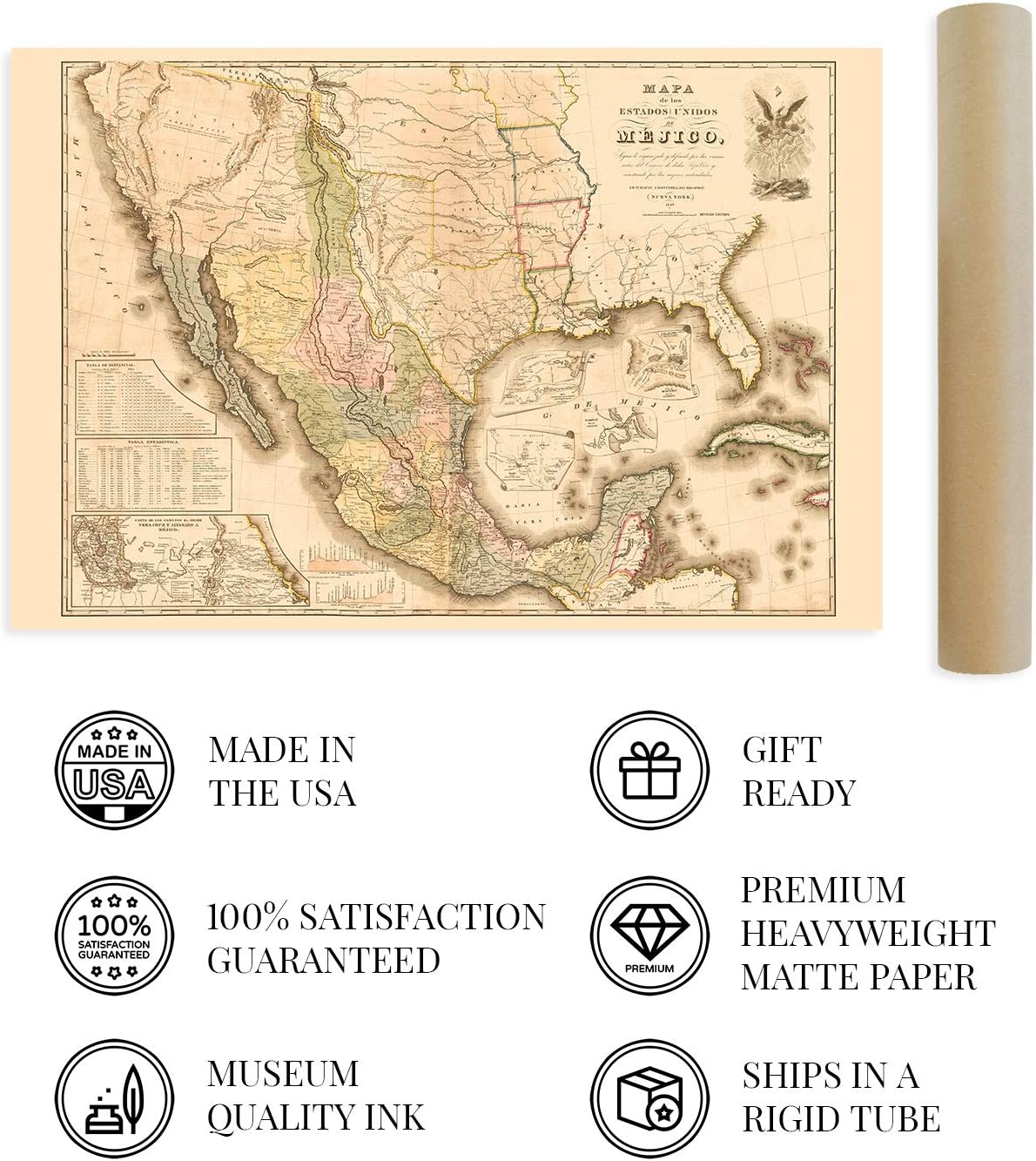 HISTORIX Póster vintage de México de 1847, mapa vintage de los estados ...