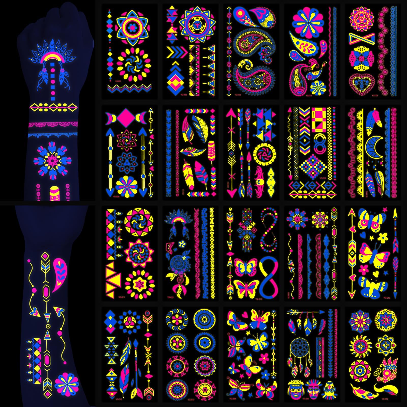 Amazon.com : MCPINKY 25 Sheets Glow in The Dark Tattoos, UV Neon ...