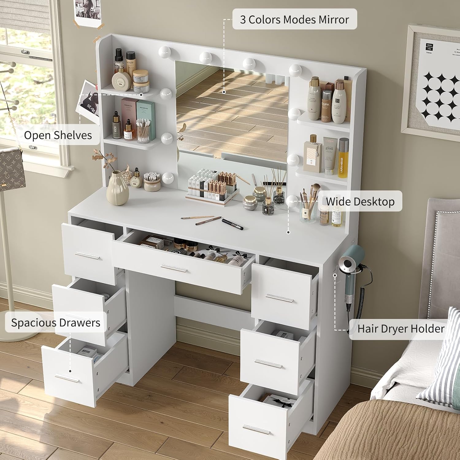 Yanosaku Vanity Desk with Mirror and Lights (Model VD024-WH ...