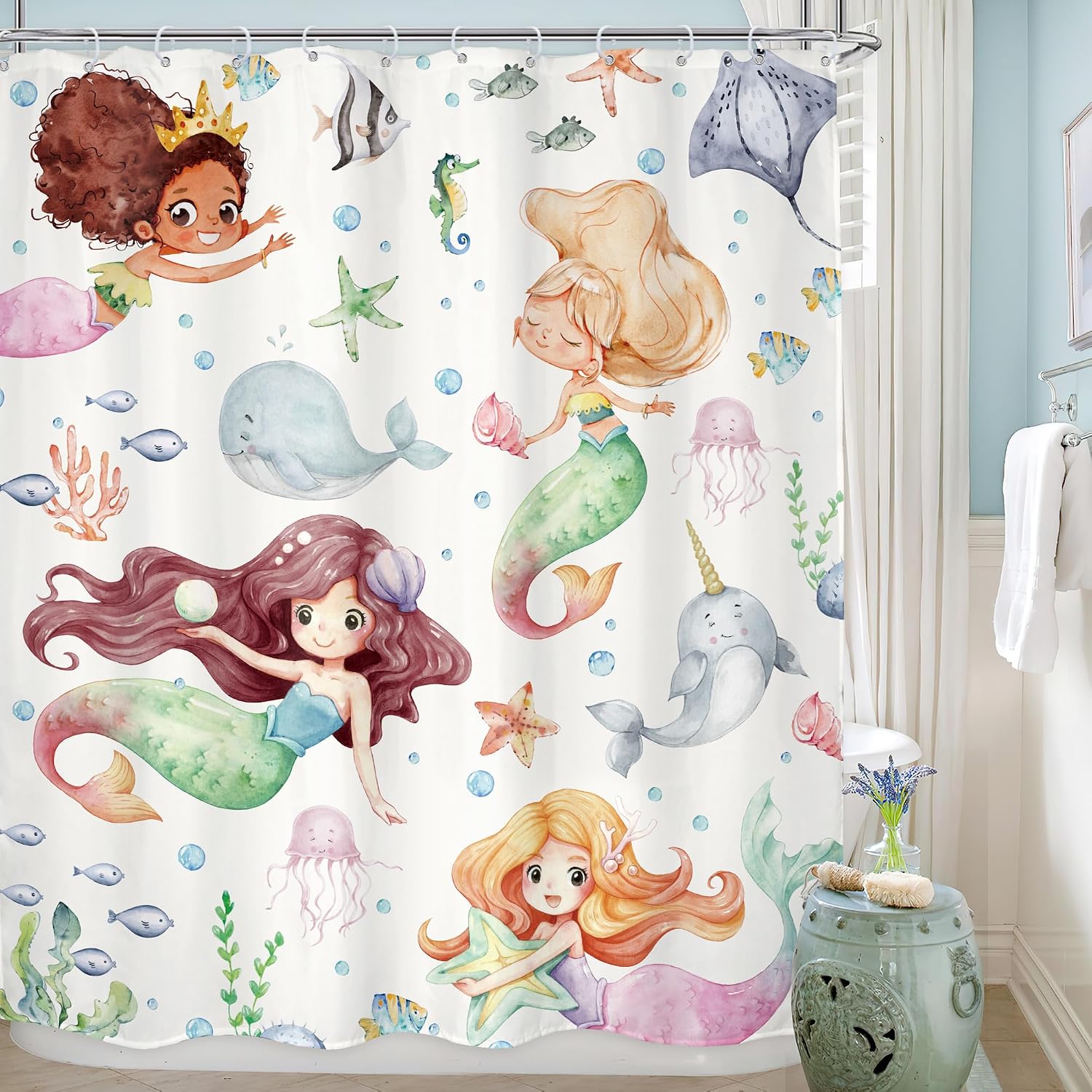 Amazon.com: LGhtyro Kids Ocean Mermaid Shower Curtain Bathroom Set ...