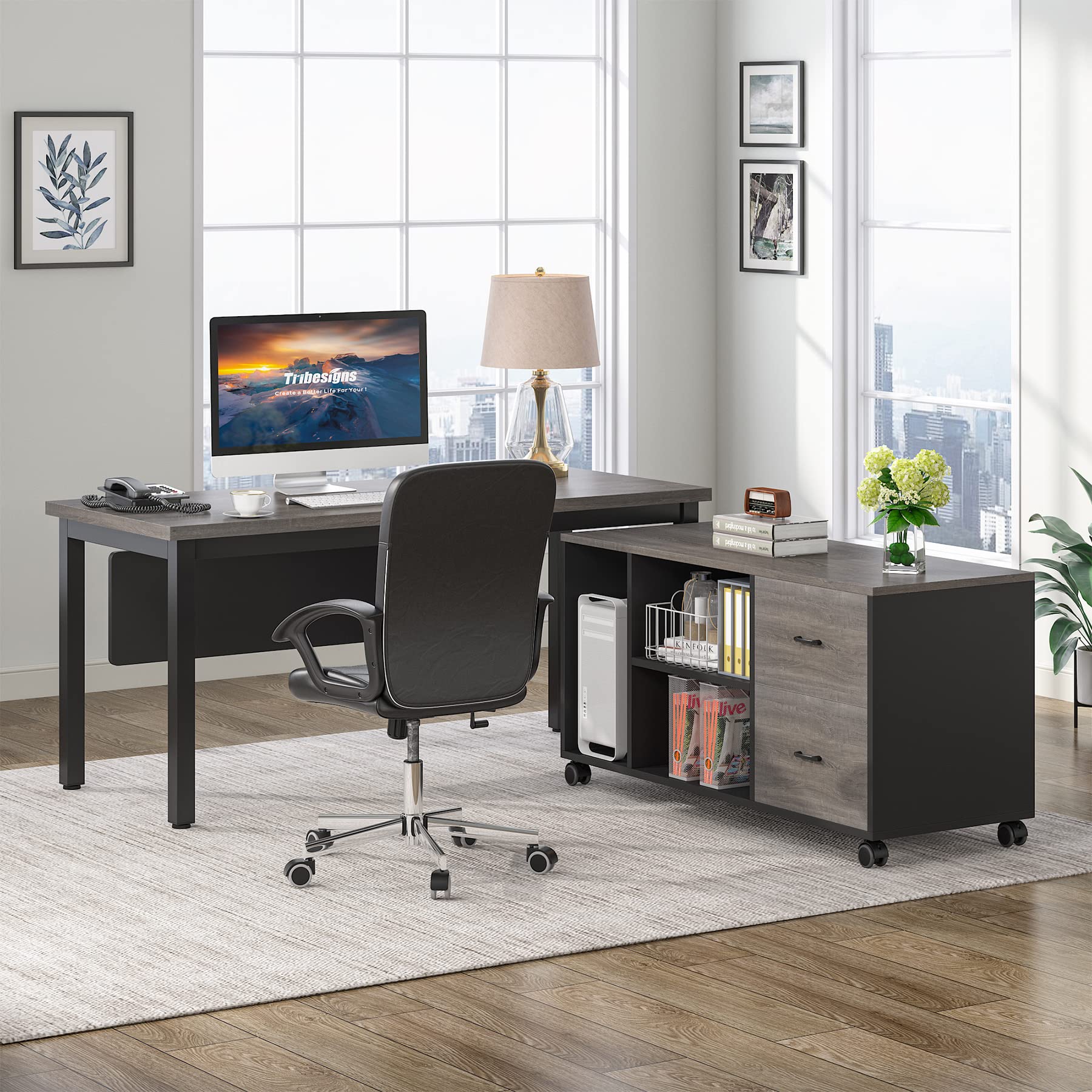 Tribesigns L Shaped Computer Desk With Storage Drawers Cabinet Set ...