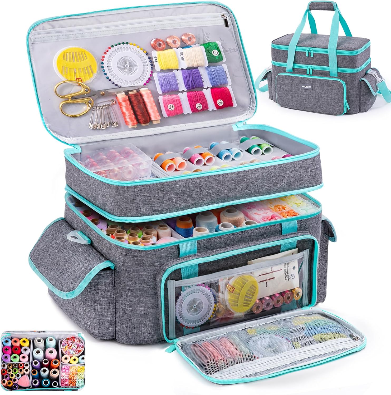 Amazon.com: AMOIGEE Large 15" Double-Layer Sewing Storage Bag with ...