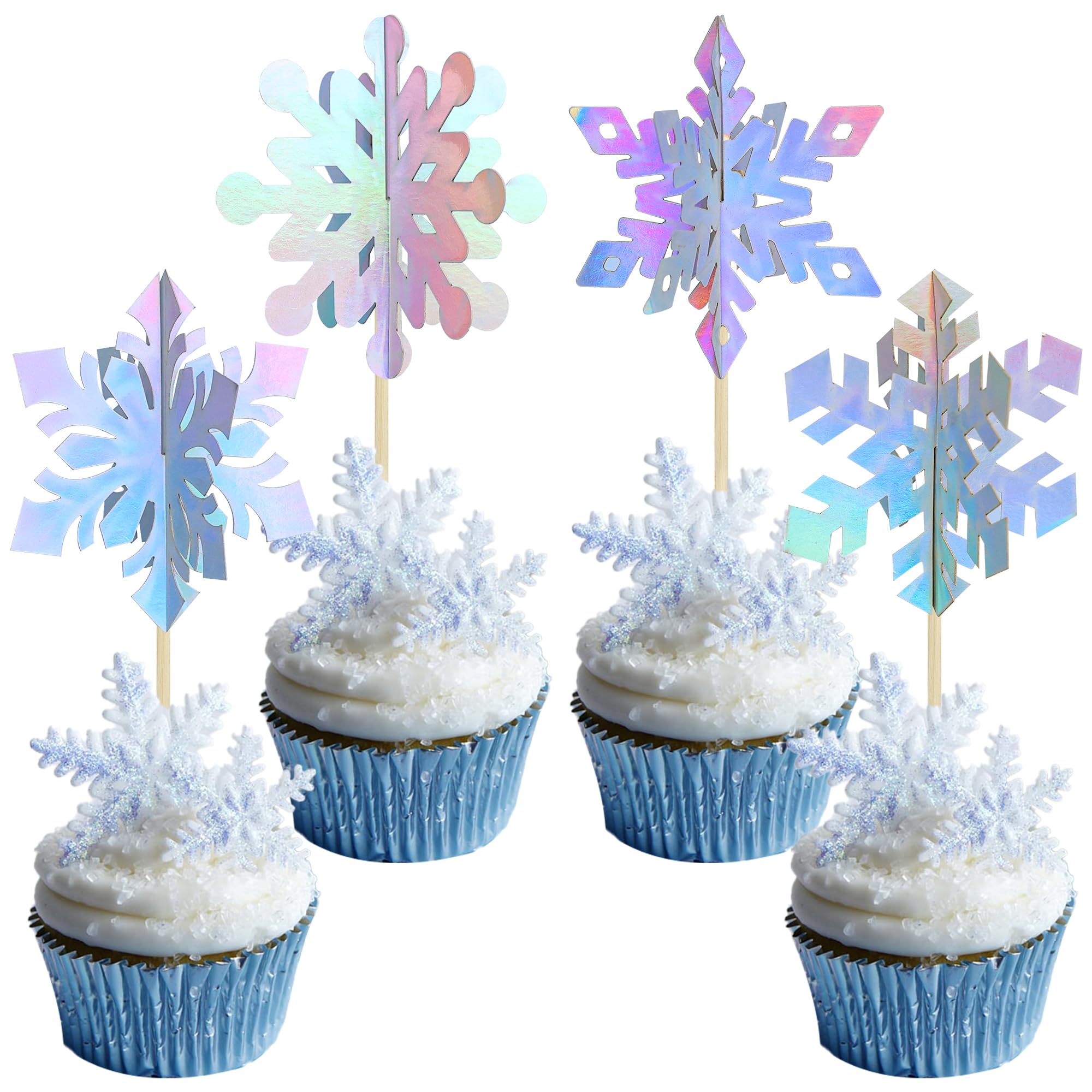 Amazon.com: Gyufise 24Pcs 3D Snowflake Cupcake Toppers Double Side ...