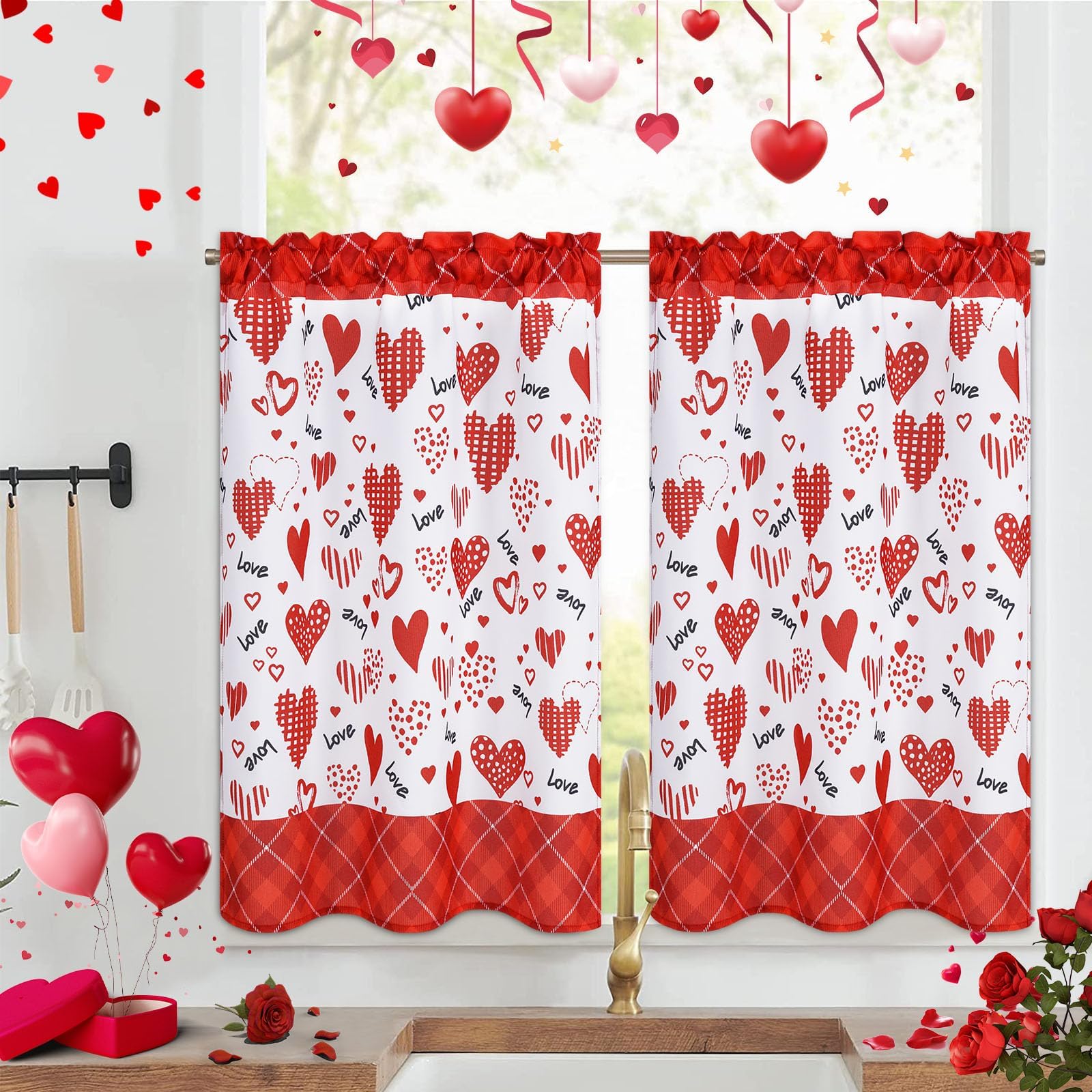 Amazon.com: MAFENT 2Pack Red Romantic Heart Shaped Curtain Lace String ...
