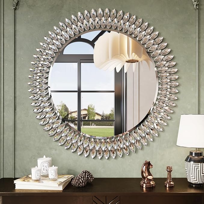 Amazon.com: Kelly Miller Round Jeweled Mirror for Wall Decor, 32 in ...