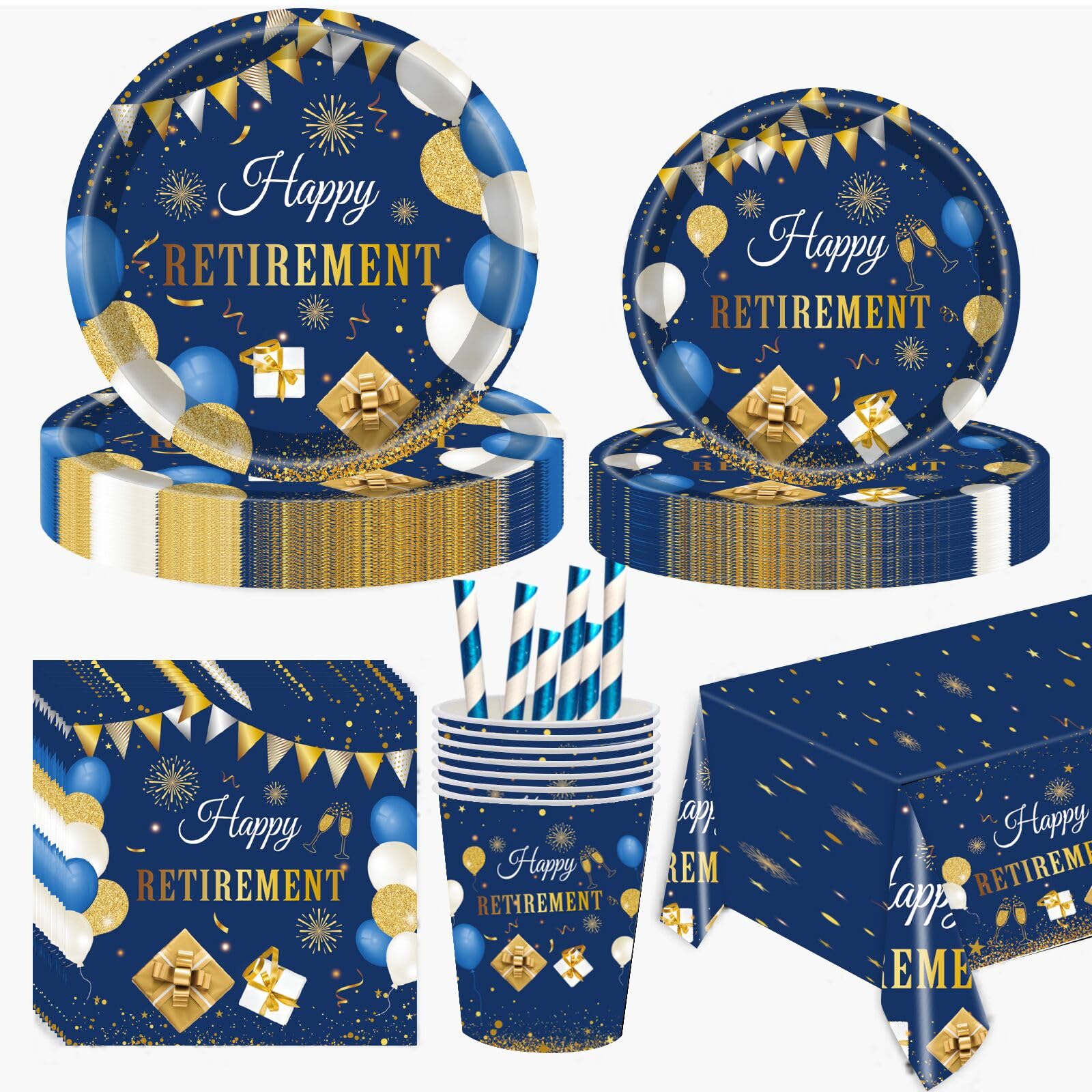 85PCS Happy Retirement Party Supplies-Complete Pack Blue Gold Happy ...