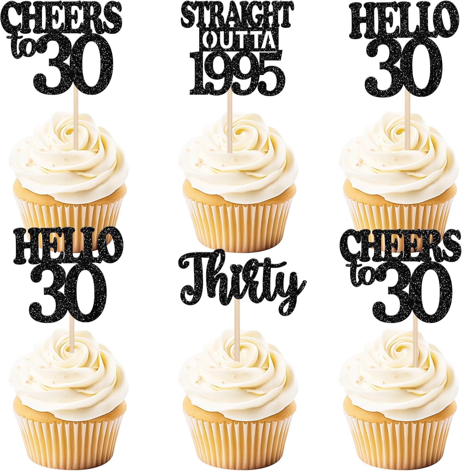 Amazon.com: 36Pcs Happy 30th Birthday Cupcake Toppers Black Glitter ...