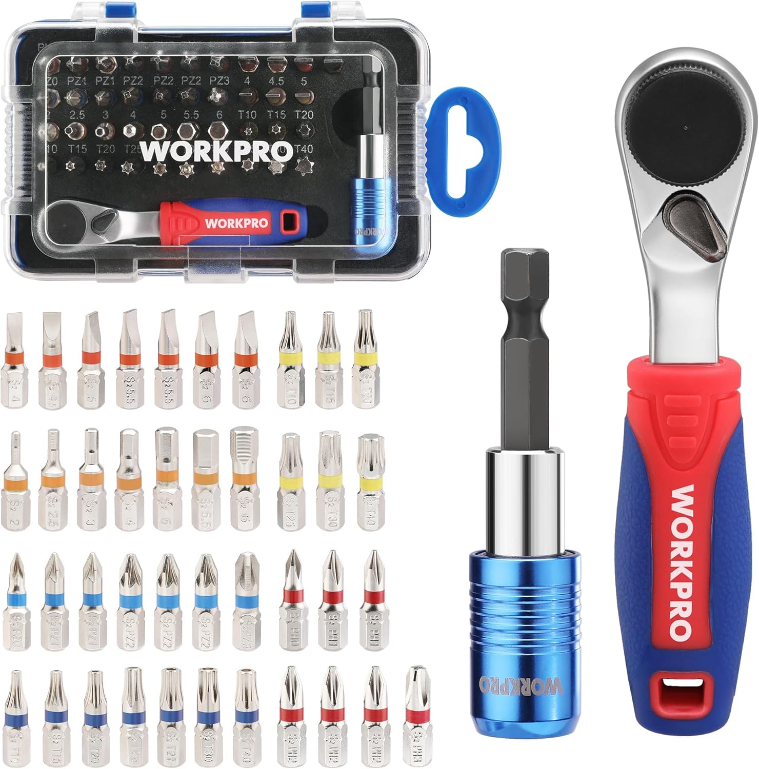 Amazon.co.jp: WORKPRO ビットラチェットセット ラチェットレンチ ラチェットドライバー 差込角6.35mm 43点組 ビット材質S2 収納ケース付き DIY/メンテナンス ...