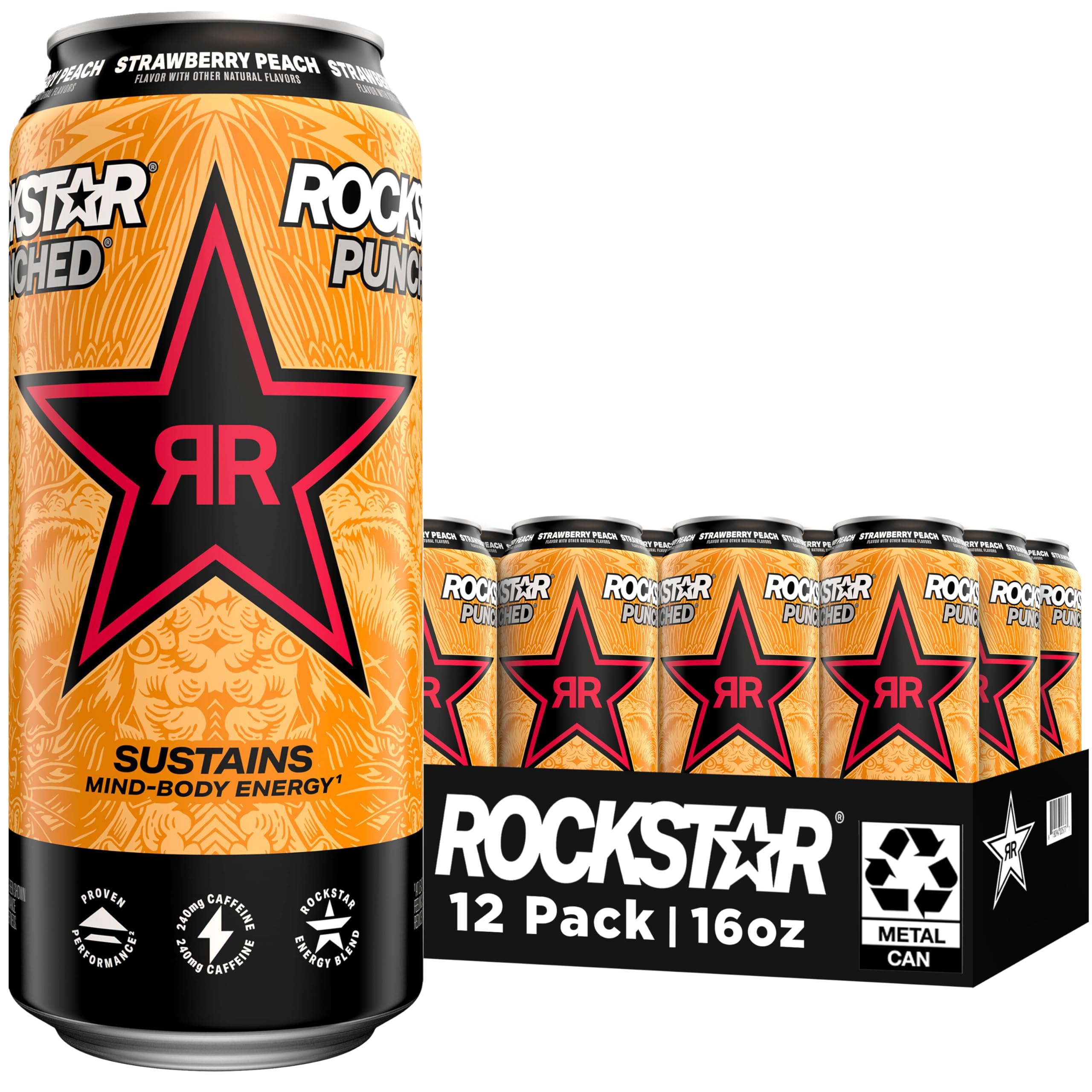 Amazon.com: Rockstar Energy Drink Punched Strawberry Peach, 16oz Cans ...