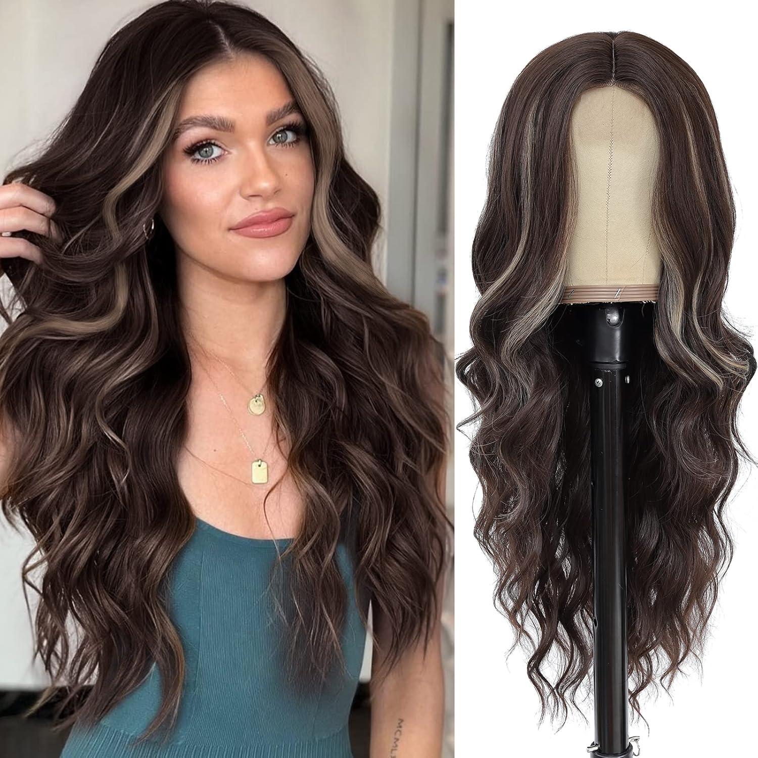 Amazon.com : NAYOO Long Brown Wavy Wigs for Women 26 inch Brown Highlights Wig Middle Part Wig ...