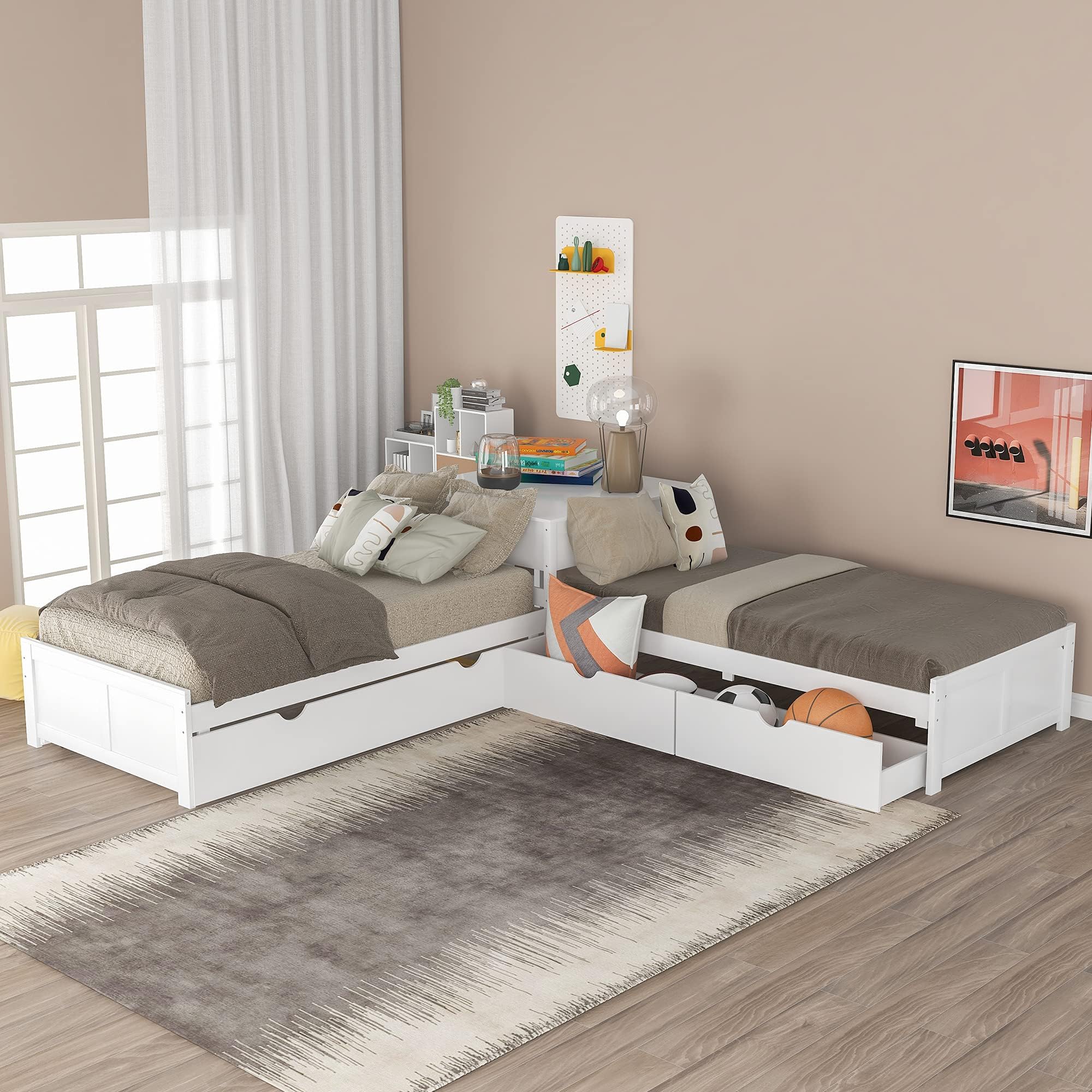 Amazon.com: L-Shaped Twin Platform Bed Frame with Trundle and 2 Storage ...