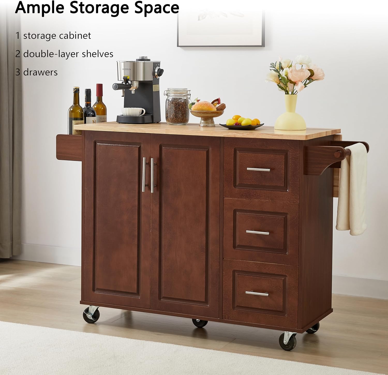 Kitchen Island with Drop Leaf Countertop, Rolling Bahrain | Ubuy