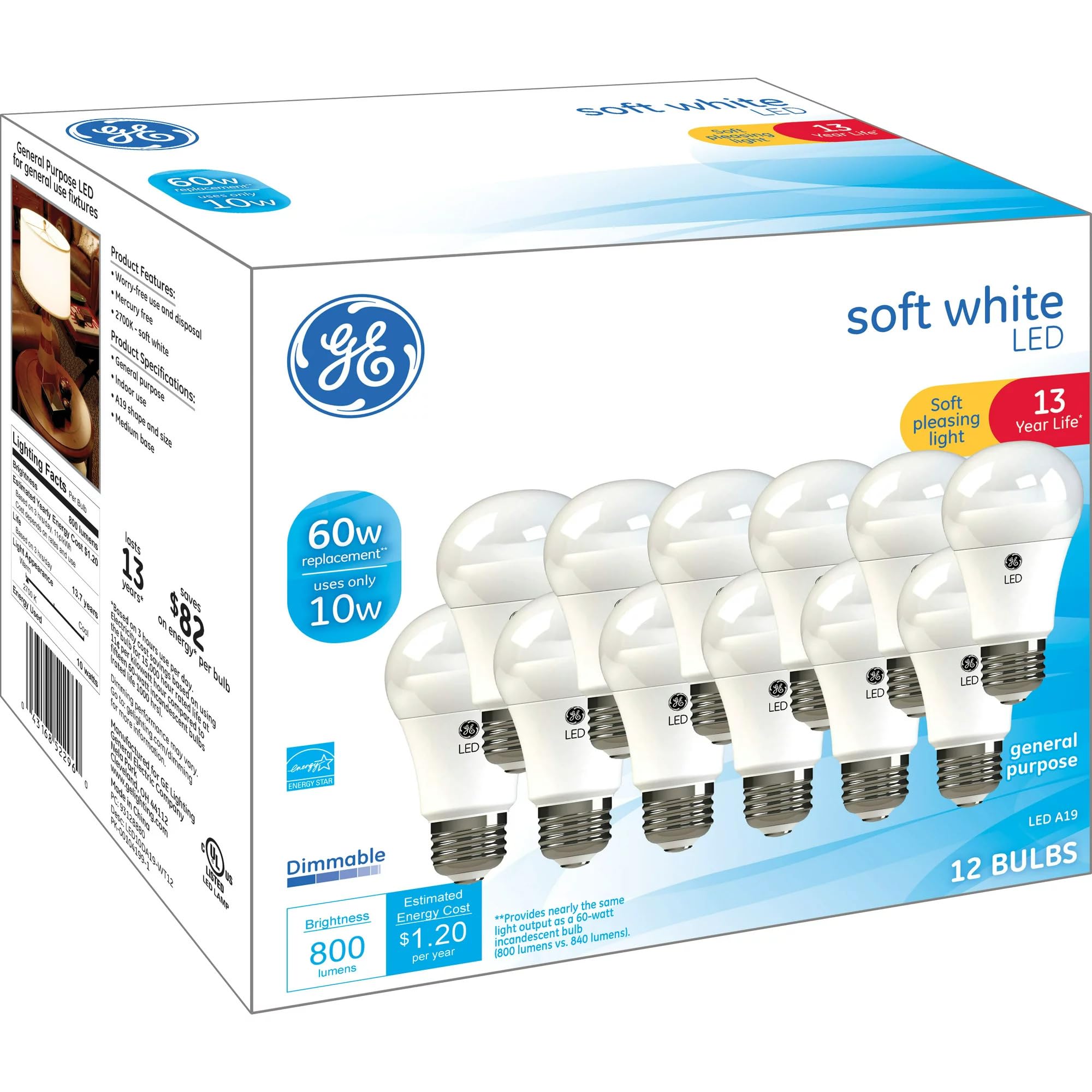 Snapklik.com : 12 Pack GE LED 60W 10W Soft White 60 Watt Equivalent A19 ...