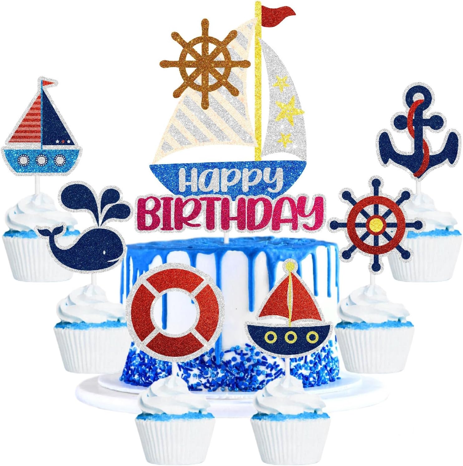 Amazon.com: Nautical Cake Toppers 7-Piece Set Helmsman Happy Birthday ...