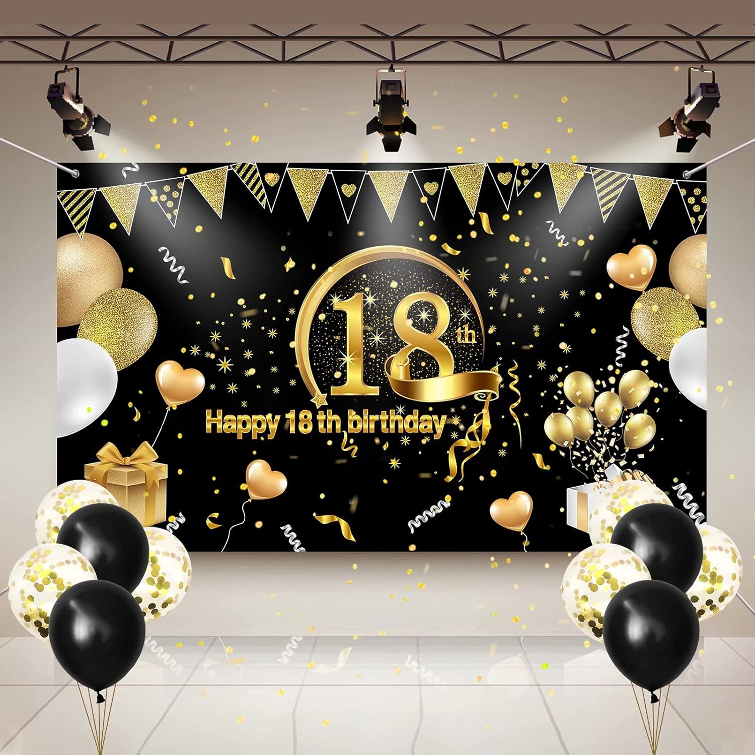 18th Birthday Decoration Banner, Black Gold Fabric Banner for 18th ...