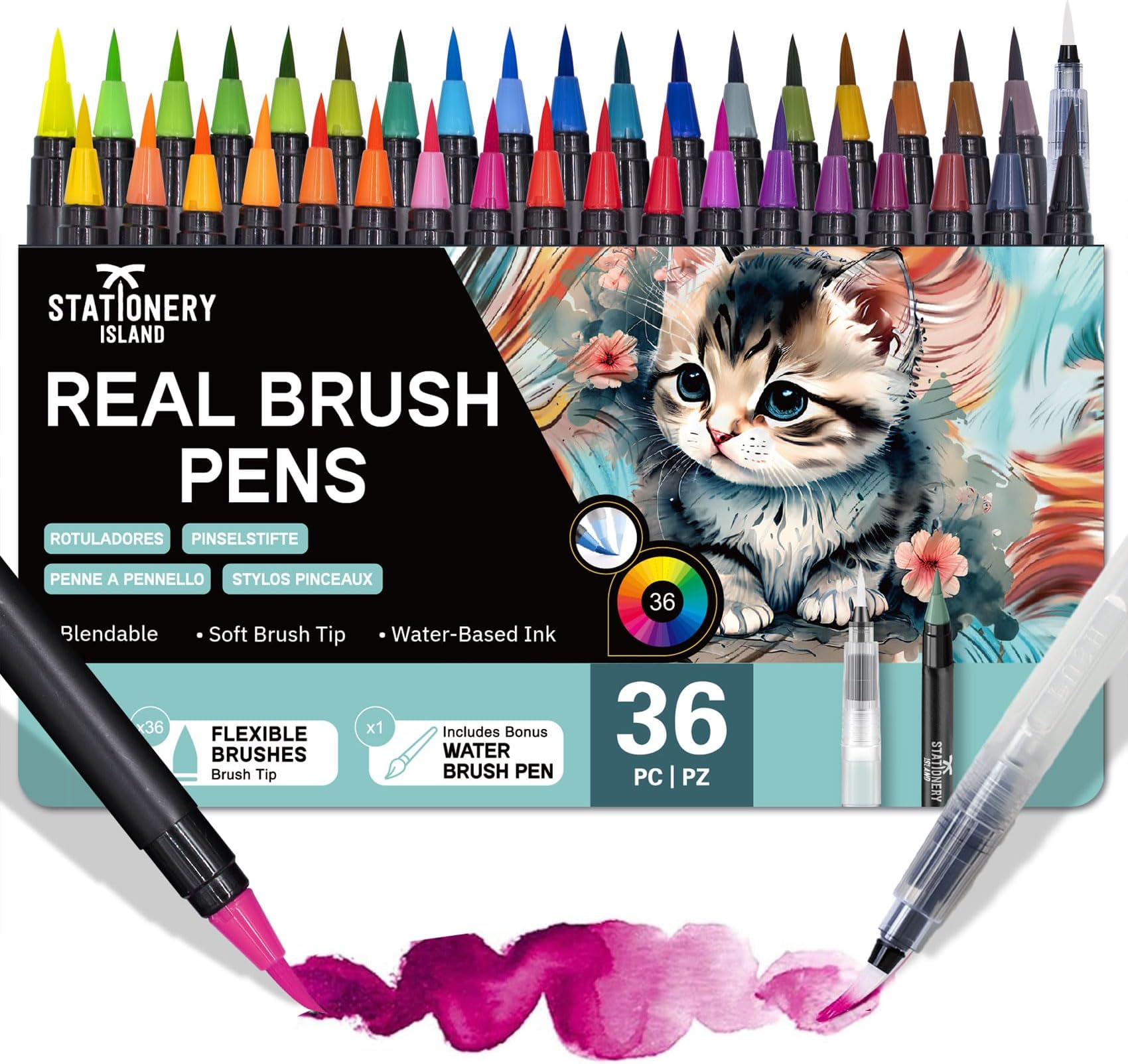STATIONERY ISLAND Watercolour Brush Pens 36+1 Set Soft Brush Pens Water ...