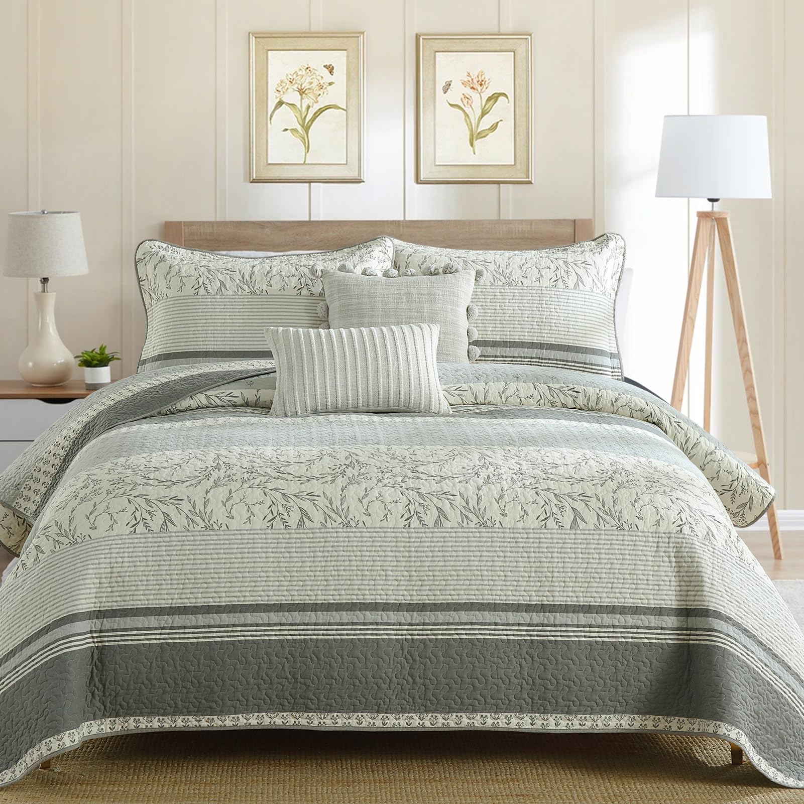 Amazon.com: SOElinens Cotton Quilt Queen Size - 3 Pieces Gray Queen ...