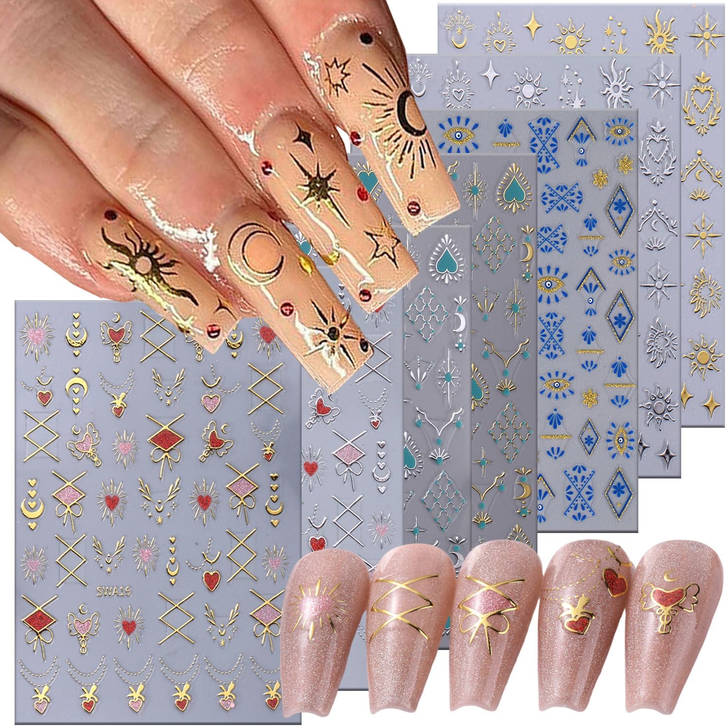 Amazon.com: OSTTMA 6 Sheets Metallic Nail Art Stickers, Star Moon Sun ...