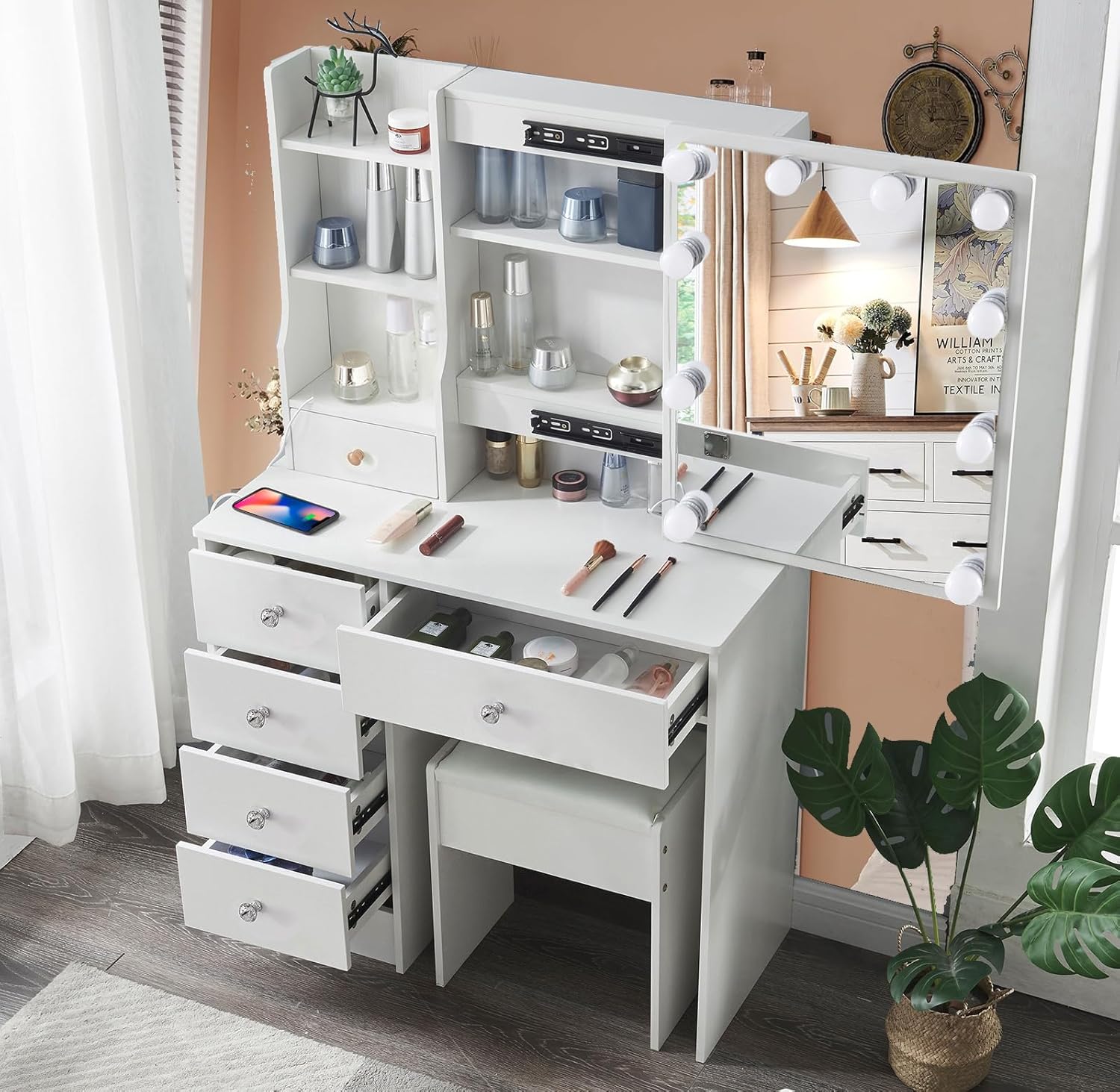Vanity Desk with Mirror and Lights,Makeup Vanity with 5 Drawers, 3 ...