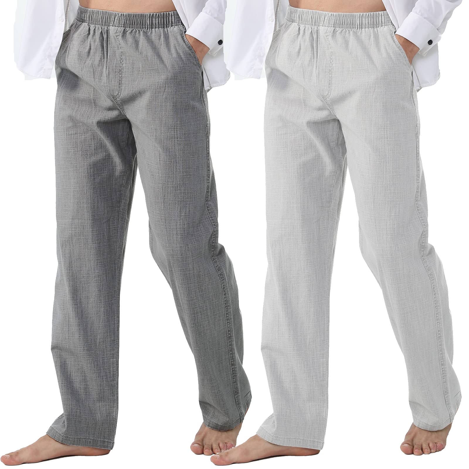 Mens Cotton Linen Pants Straight Leg Elastic Waist Drawstring Loose ...