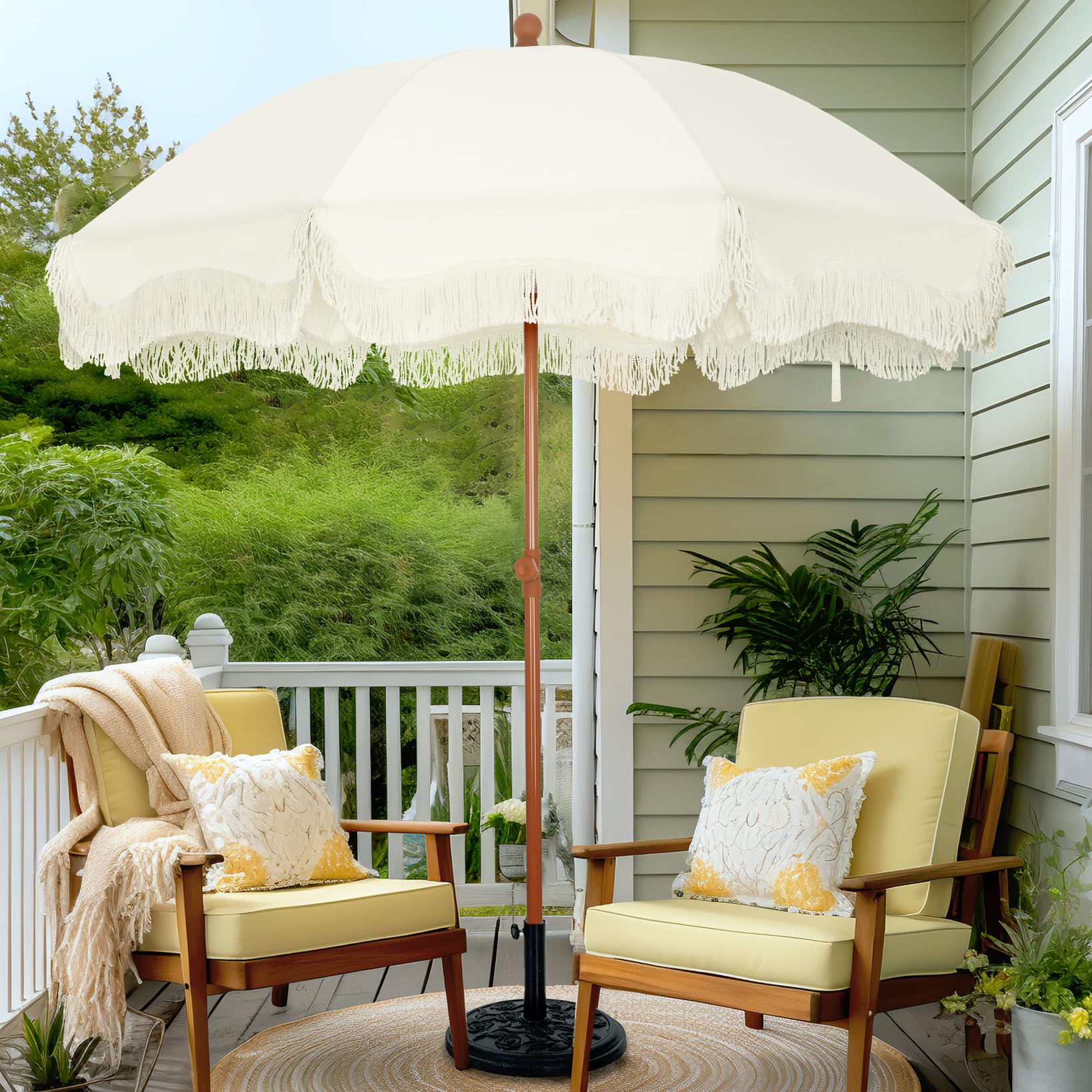 PHI VILLA 7ft Beach Umbrella with Fringe & Sand Anchor, Outdoor Patio ...