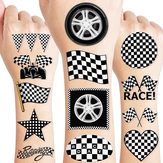 Amazon.com: 87 PCS Funny Race Car Checkered Flags Temporary Tattoos ...