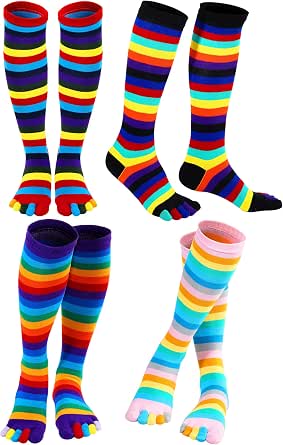 Zhanmai 4 Pairs Rainbow Toe Socks Colorful over Knee 5 Toe Socks Thigh ...