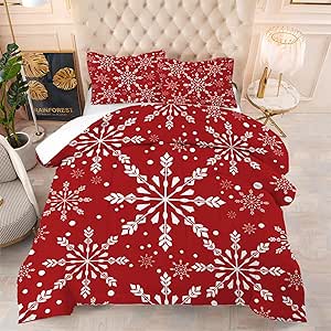 Amazon.com: EDGZKO Christmas Comforter Set King: White Snowflakes Red ...