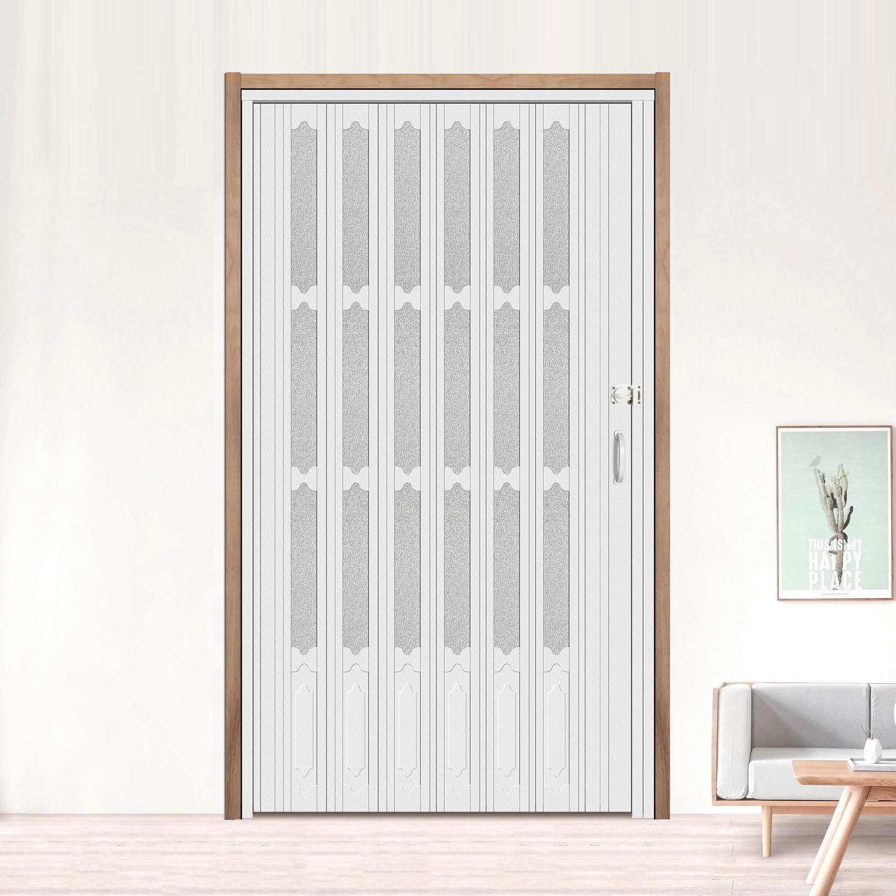 DIYHD 48X80in White Interior Accordion Door with Frosted Acrylic Glass ...