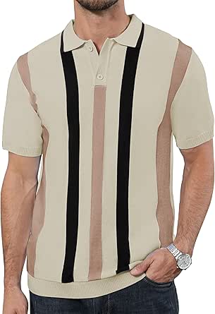 Ryehack Mens Casual Polo Shirts Knit Short Sleeve Vintage Striped ...