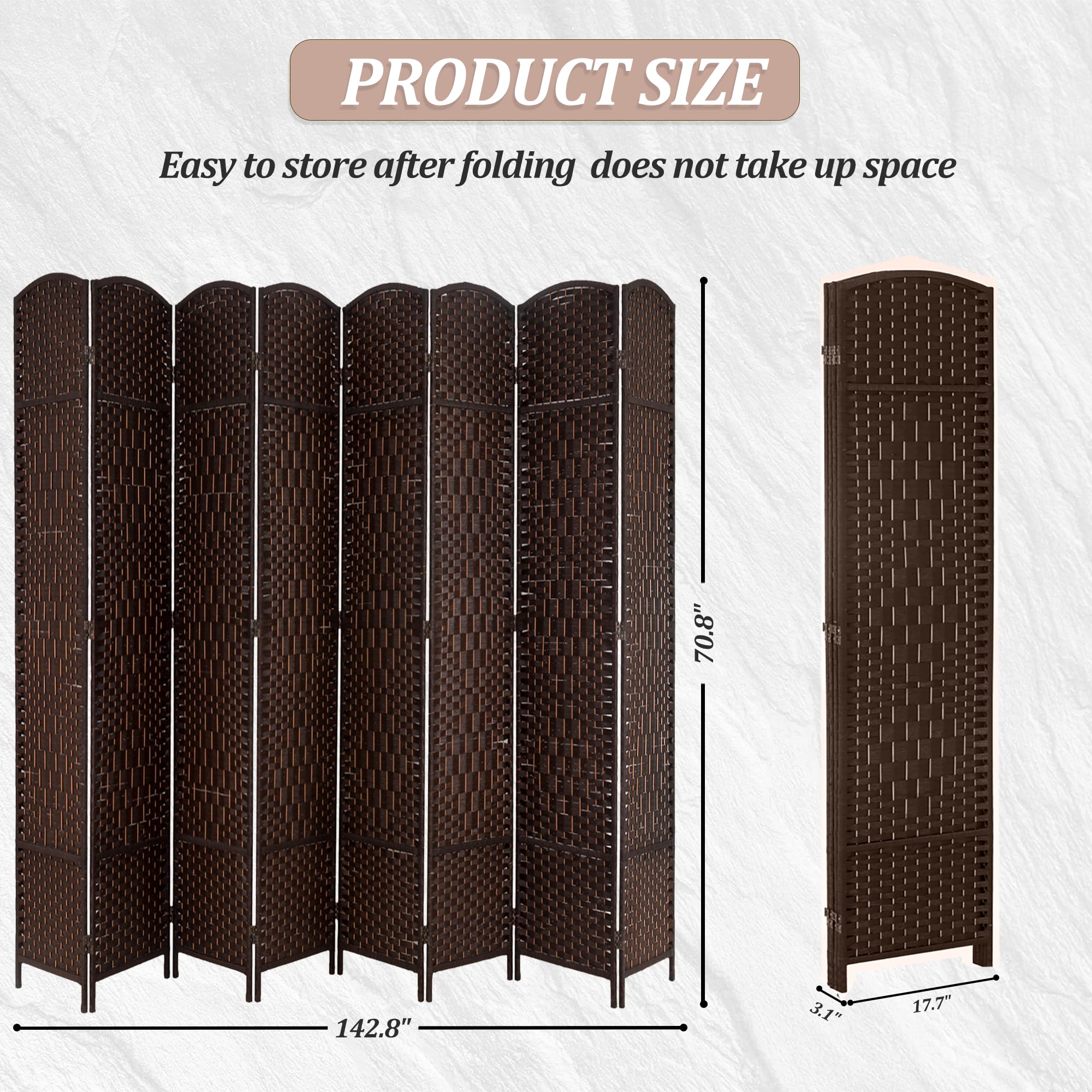 8 Panel 5.9 FT High Room Screen Divider Folding Wooden Privacy Screen ...