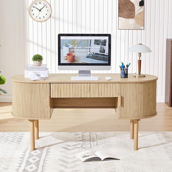 Amazon.com: ORRD Home Office Oval Desk with Sliding Tambour Door and ...