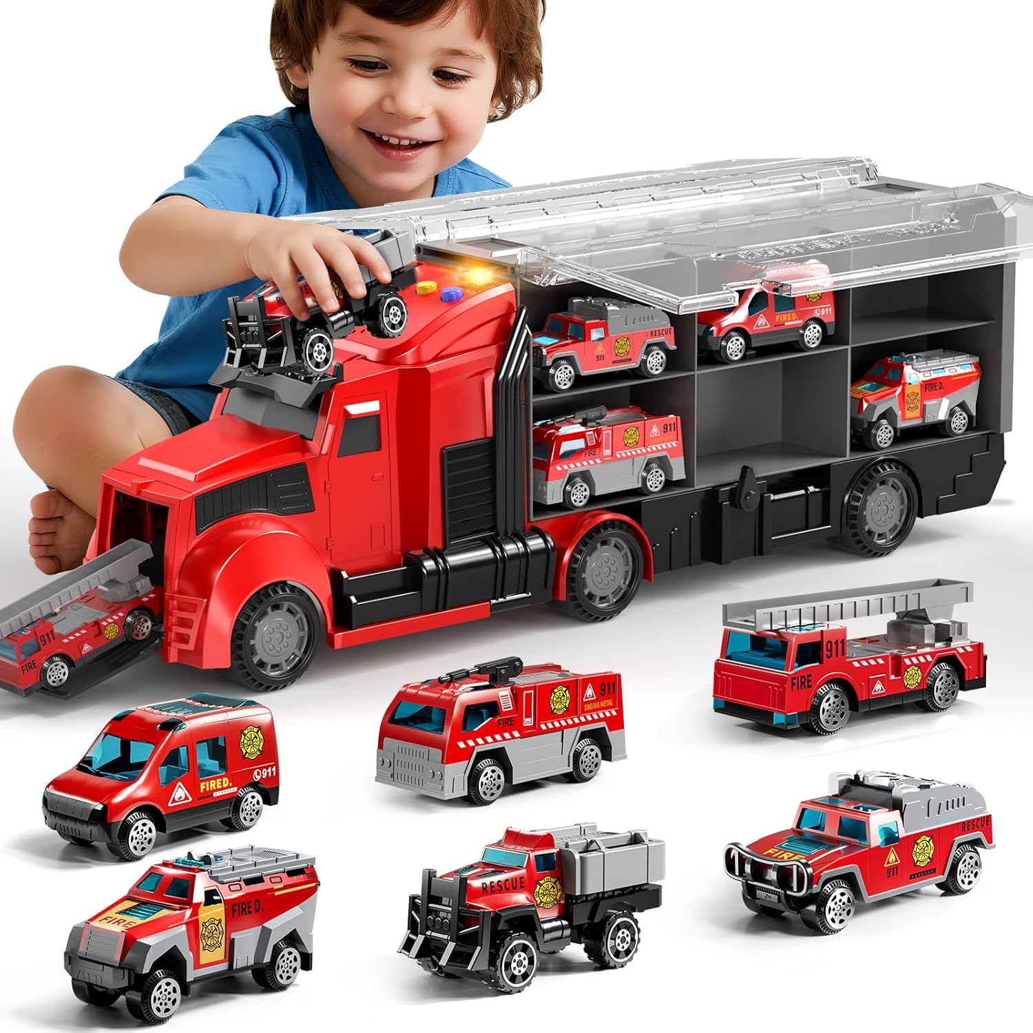 Amazon.com: NIPLOOOW Fire Trucks Toy Set with Play Mat, Carrier Truck ...