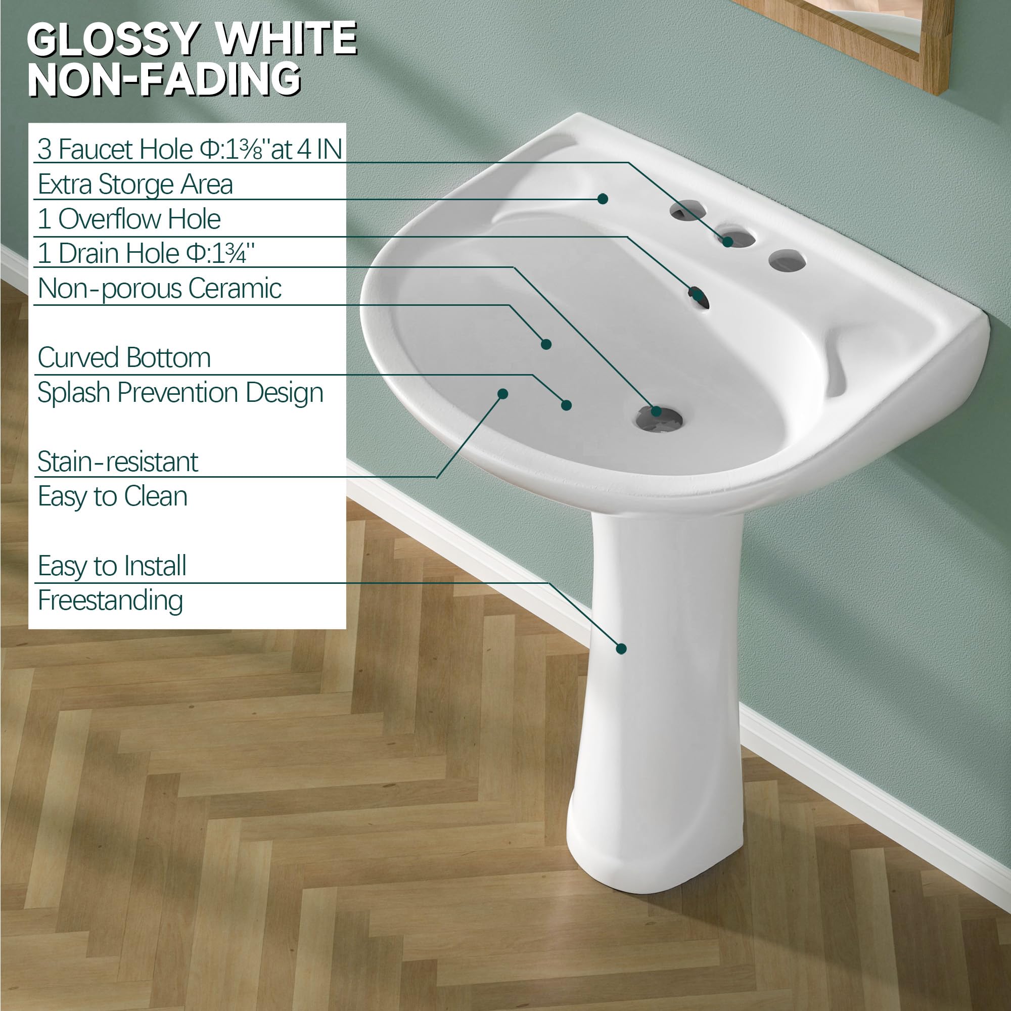 Snapklik.com : Miuara Pedestal Sink 21 Inch - 3 Hole Porcelain Pedestal ...
