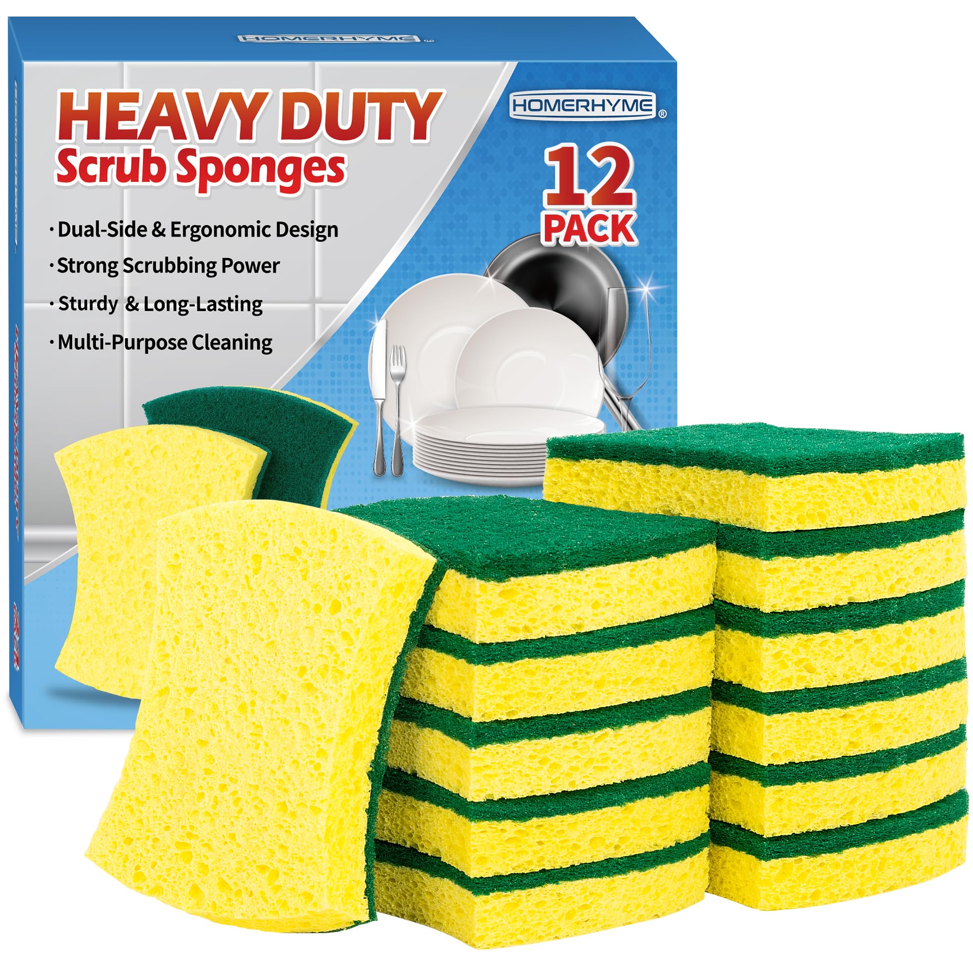 HOMERHYME Heavy Duty Sponges, 12 Pack Cellulose Scrub Sponge, Dual ...