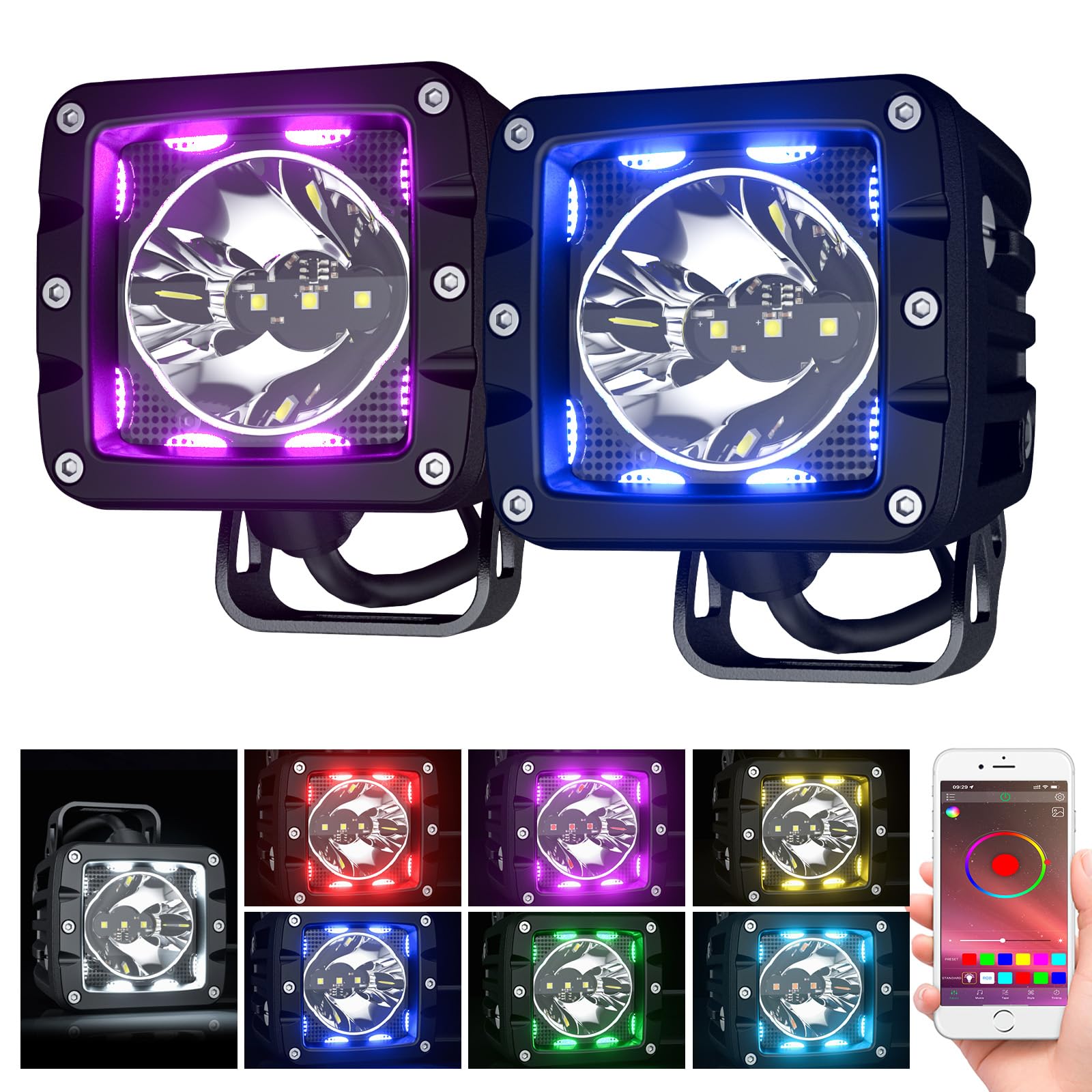 Amazon.com: 4WDKING Multicolor LED Pods Flood Work Light Bar IP69K ...
