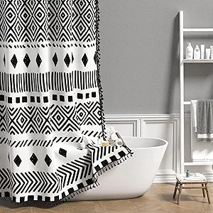 Amazon.com: AOFOTO Bohemian Shower Curtain Black and White Geometric Design Shower Curtains with ...