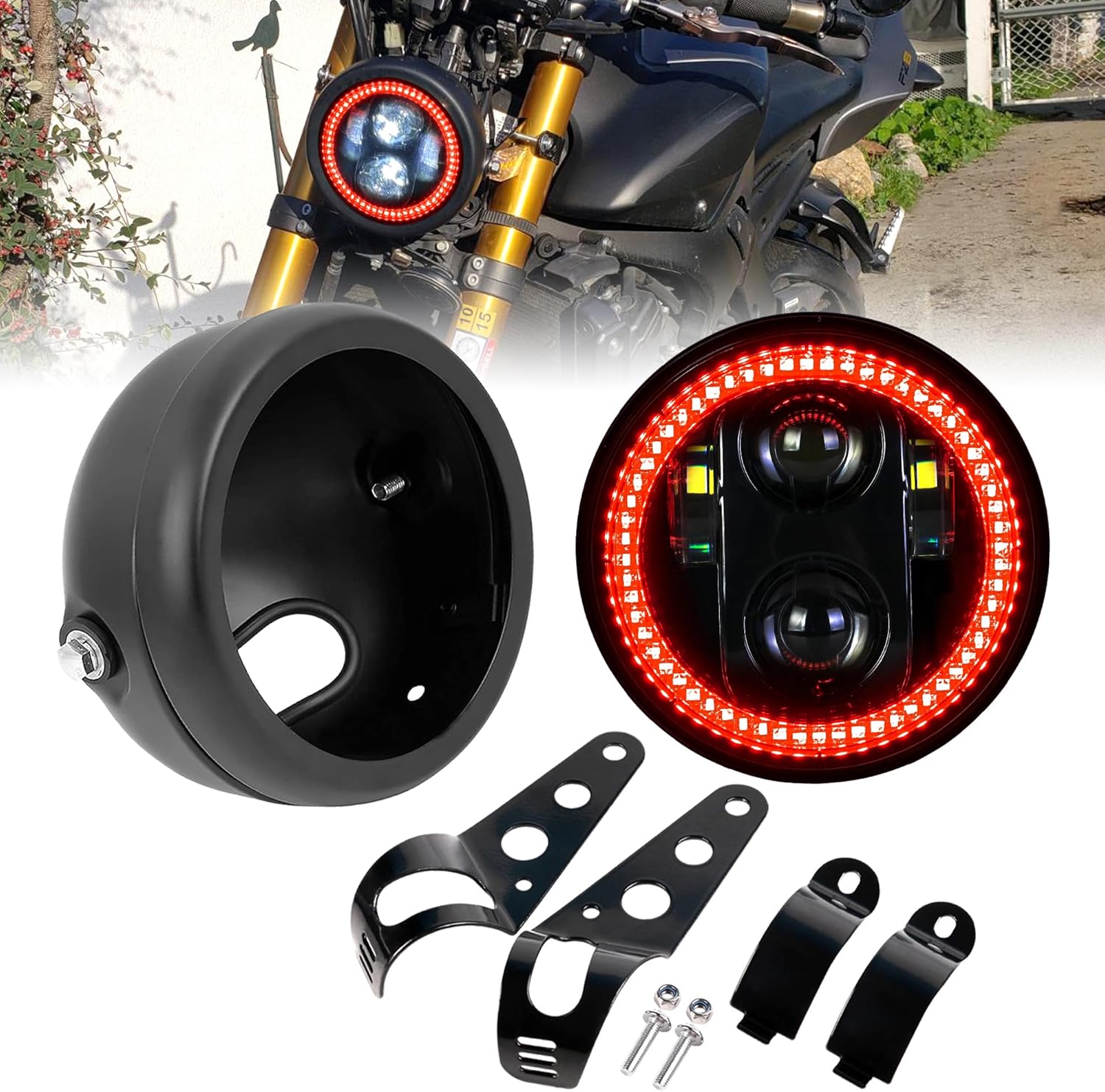 Amazon.com: HENGTUAOTO 5 3/4 5.75 Inch Red LED Headlight for Motorcycle ...