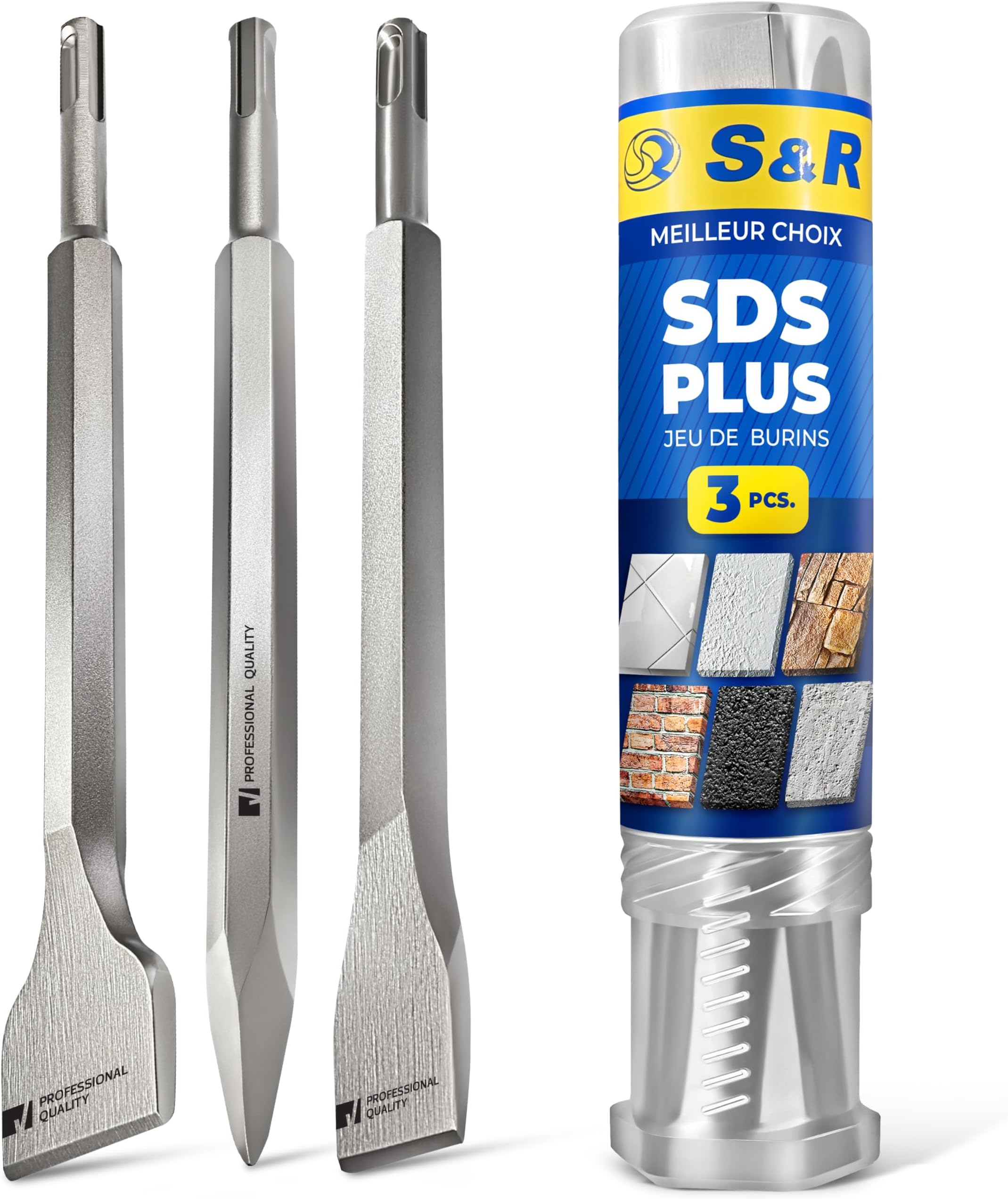 S&R Set 3 Burins SDS-Plus x Carrelage et Béton. Burin Large Plat Pointu ...