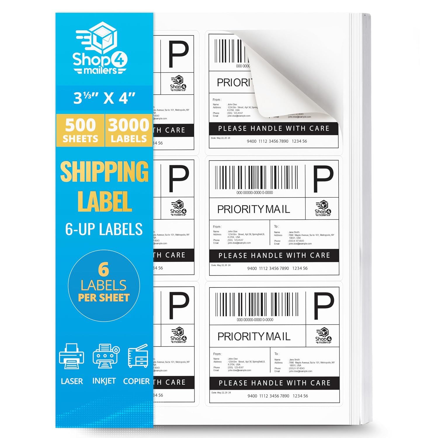 Shop4Mailers 6-Up White Shipping Labels 3 1/3" x 4" ~ 500 Sheets, 3000 ...